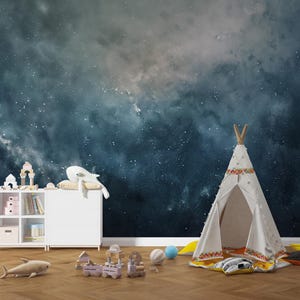 Starry Space Wall Mural, Nursery Dark Starry Night Wallpaper, Stars in ...