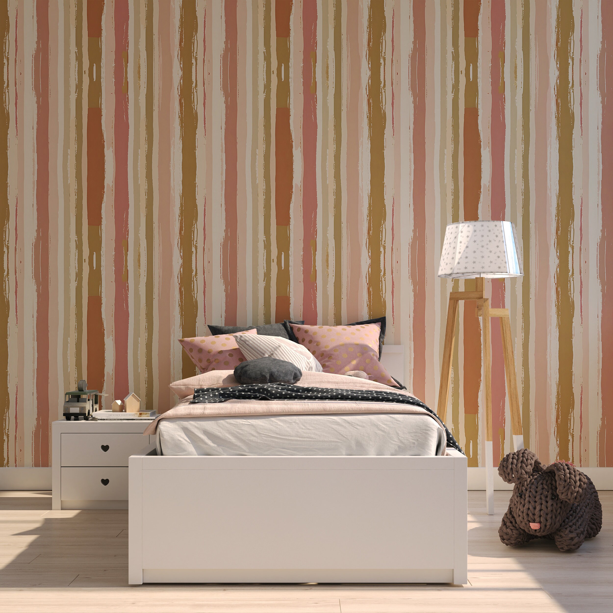 Ragged Vertical Striped Wallpaper in Beige and Soft Pink Colors, Peel ...