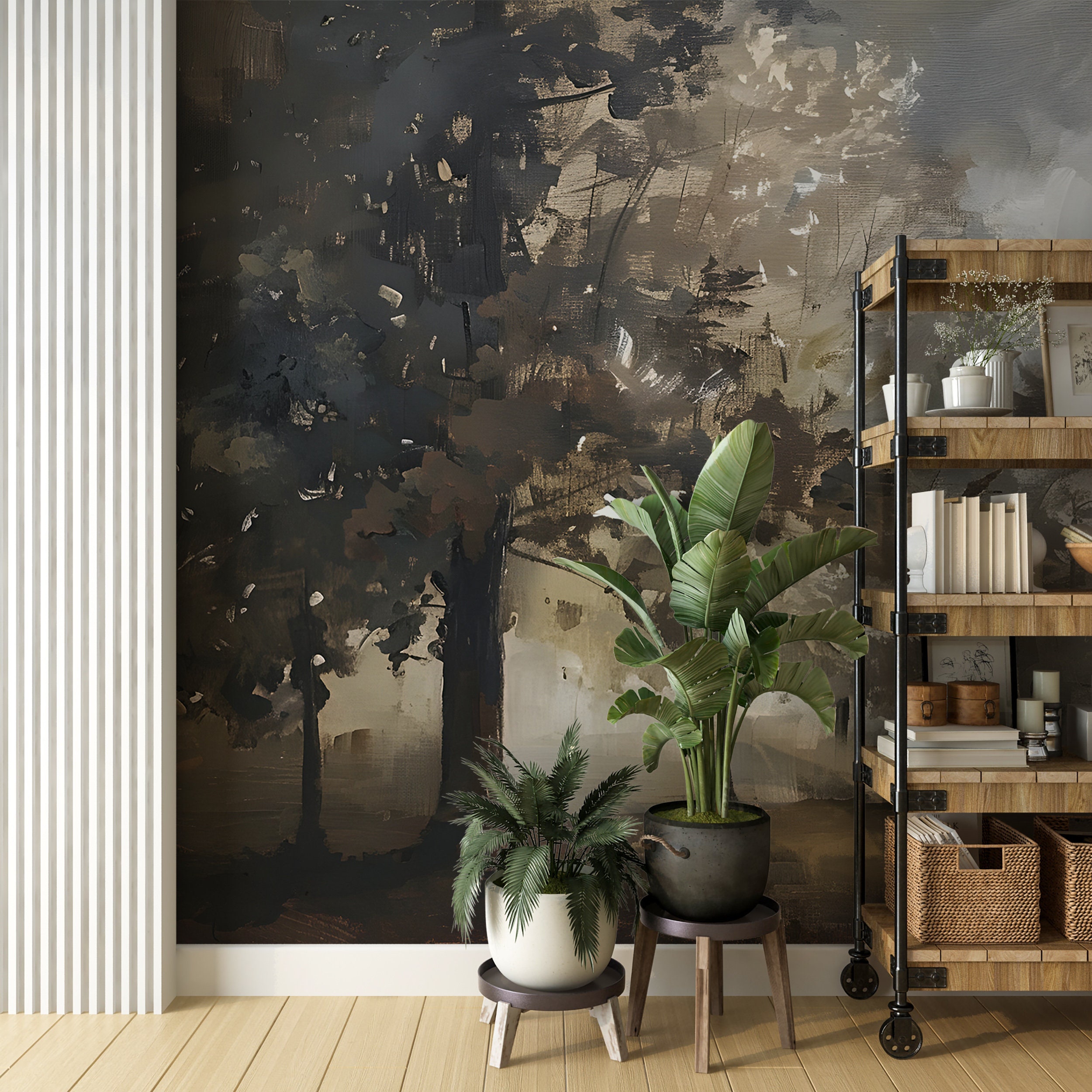Dark Watercolor Forest Wallpaper, Vintage Tree Wall Mural, Peel & Stick ...
