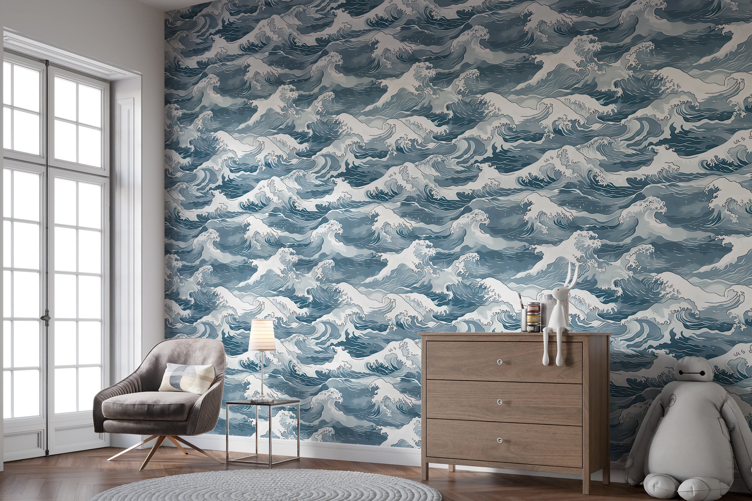 Soft Blue and White Waves Wallpaper, Pastel Colors Wavy Wallpaper, Peel ...