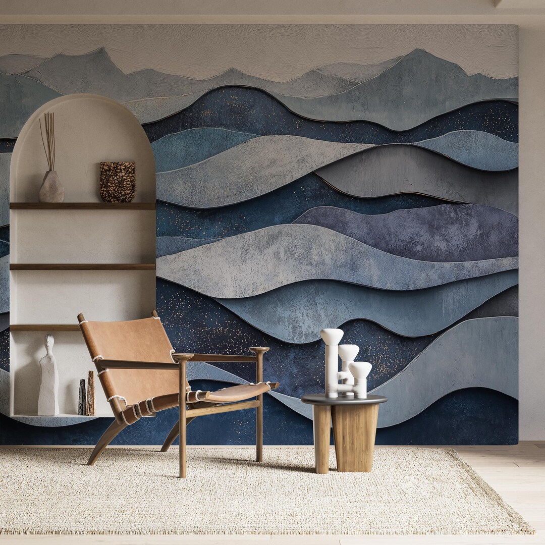 Blue Wavy Wall Mural, Abstract Line Art, Peel and Stick Geometry ...
