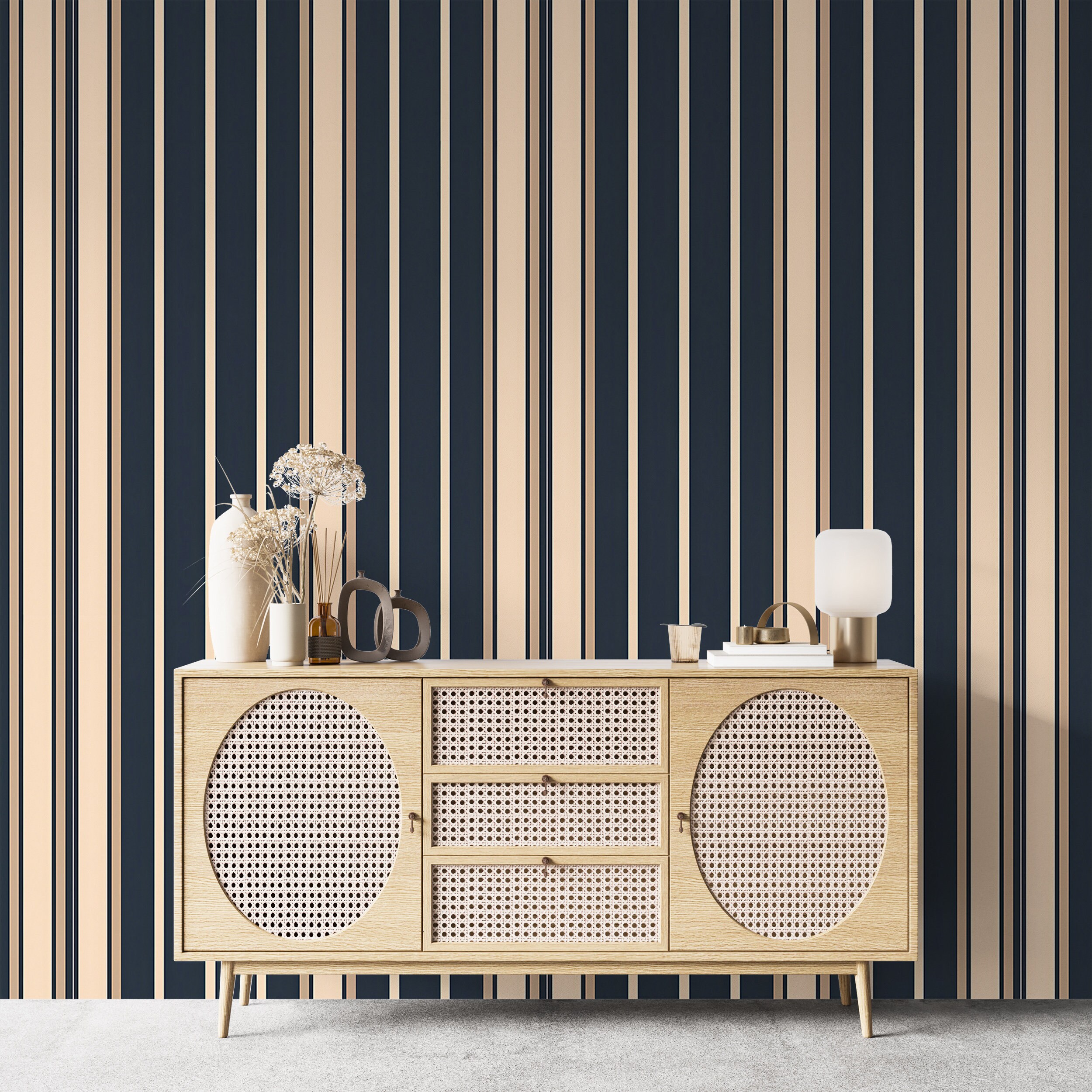 Navy Blue and Beige Striped Wallpaper, Classic Striped Wallpaper, Peel ...
