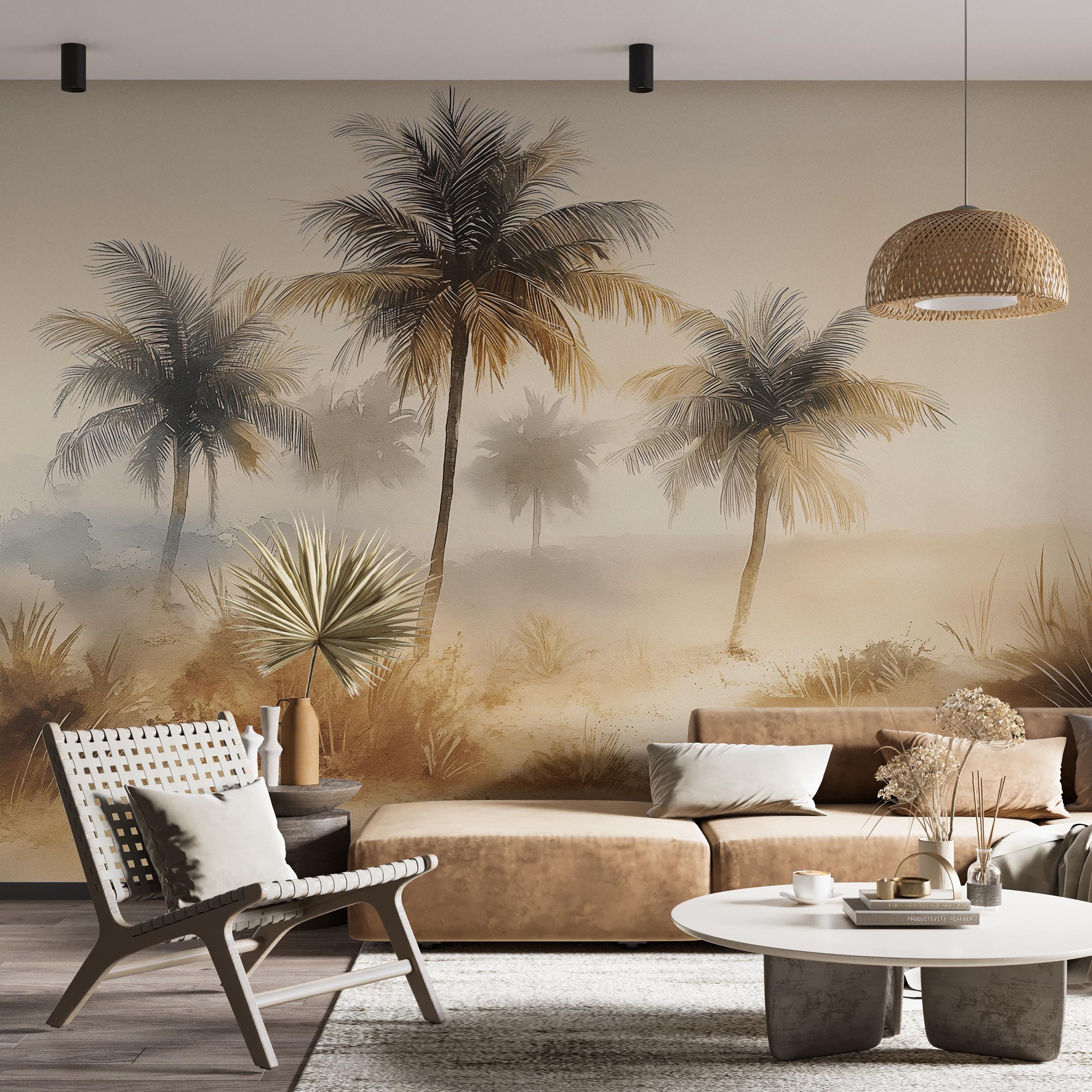 Palm Trees in Desert Wall Mural, Beige Watercolor Desert Landscape ...