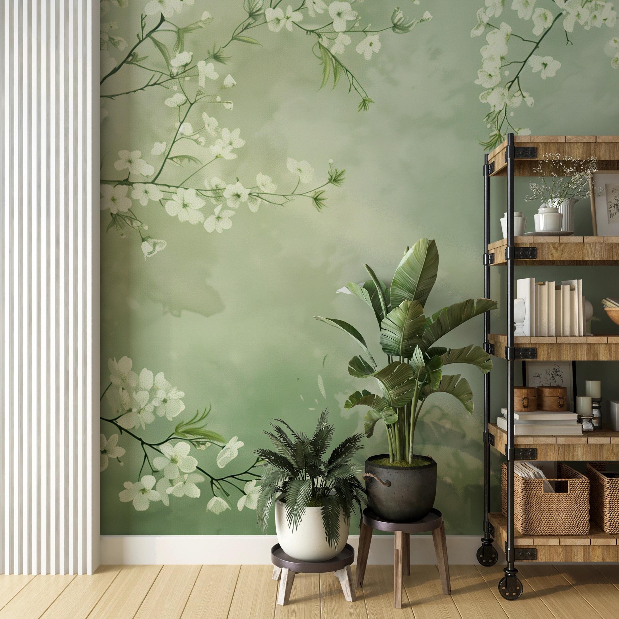 Soft Green Venetian Plaster Wall Mural, Minimalist Cherry Blossom ...