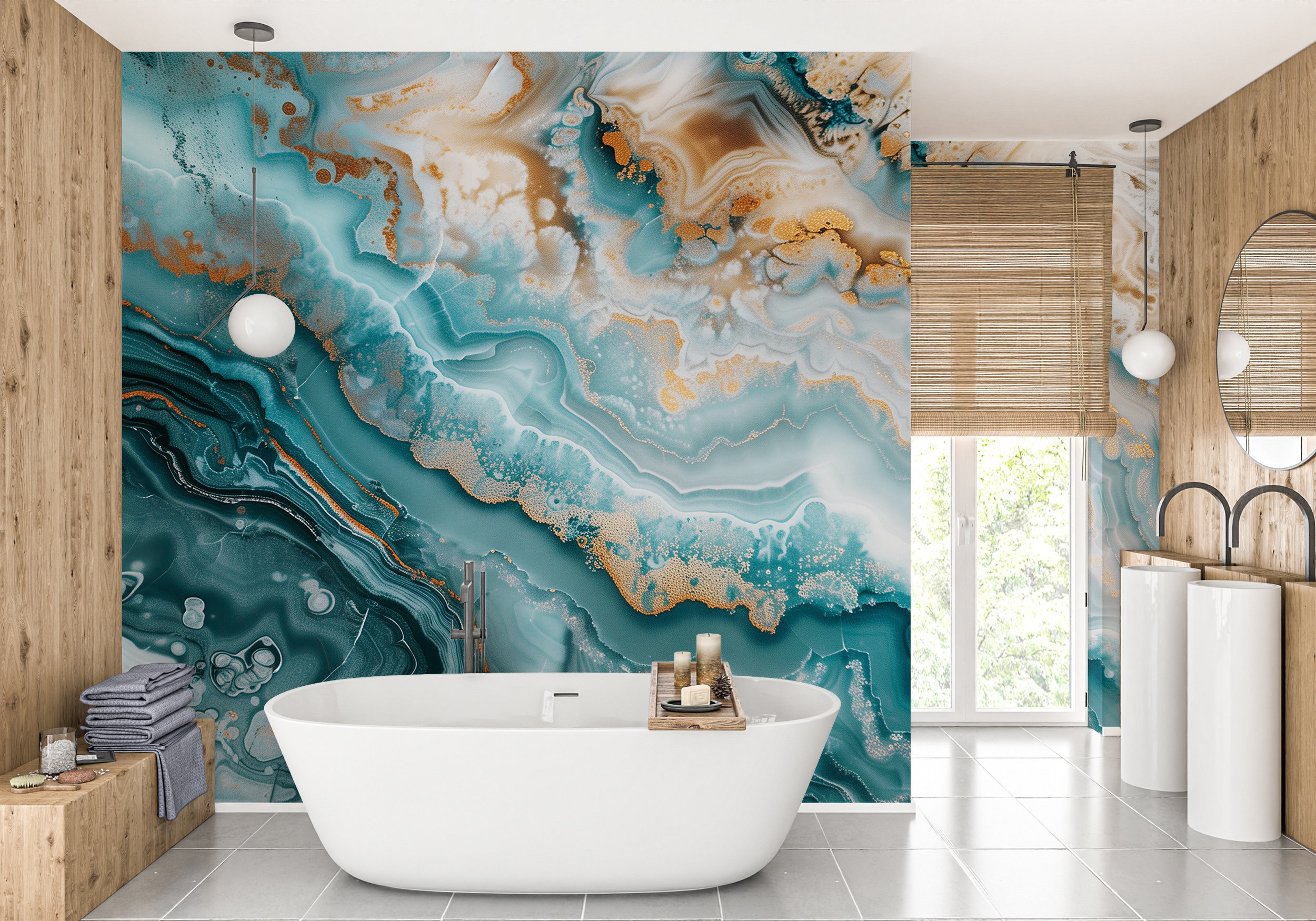 Aquamarine Marble Wall Mural, Blue Stone Wallpaper, Peel and Stick Mint ...