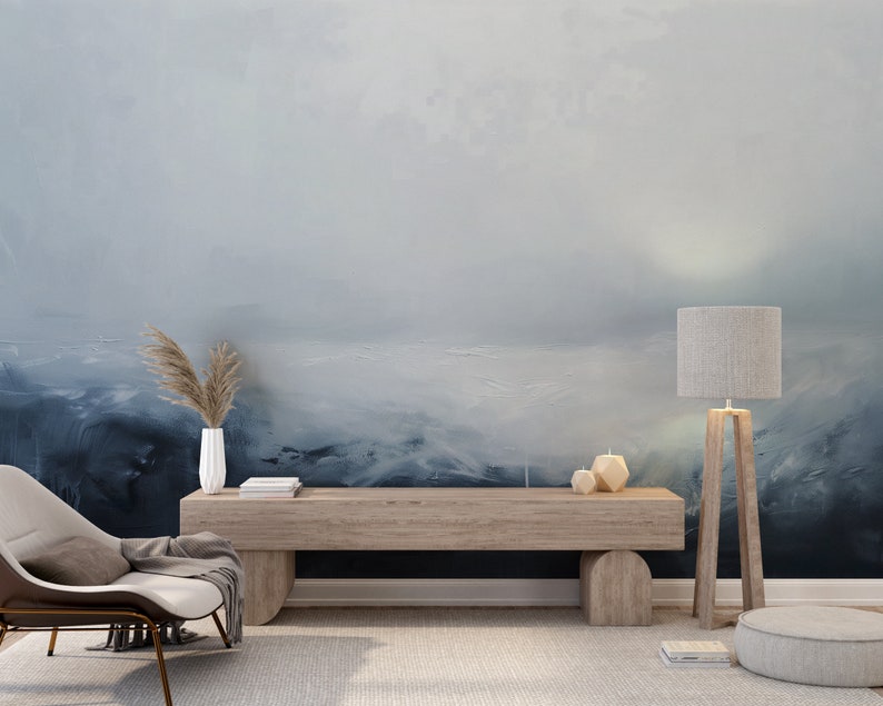 Abstract Blue Ocean Wallpaper, Soft Blue Ombre Wall Mural, Peel and ...