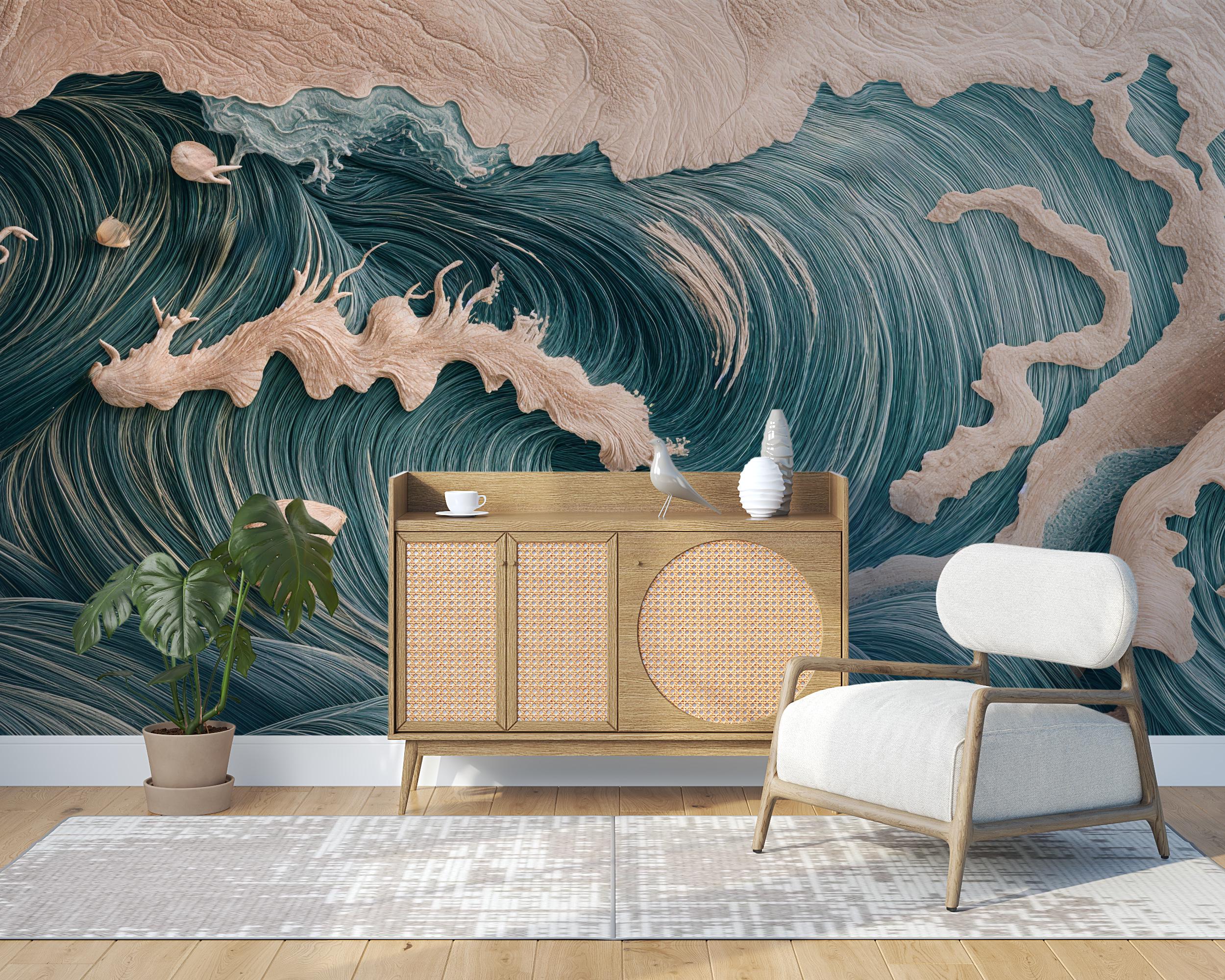 Ocean Waves Wall Mural, Abstract Sea Wallpaper, Peel and Stick Wavy ...