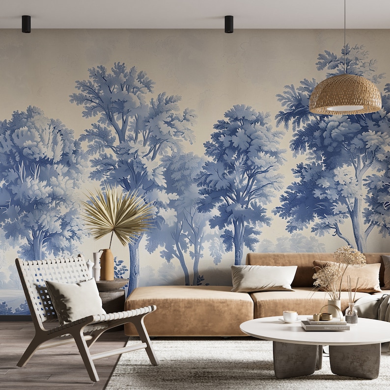 Toile De Jouy Style Mural, Blue Monochrome Trees Wallpaper, Classic ...