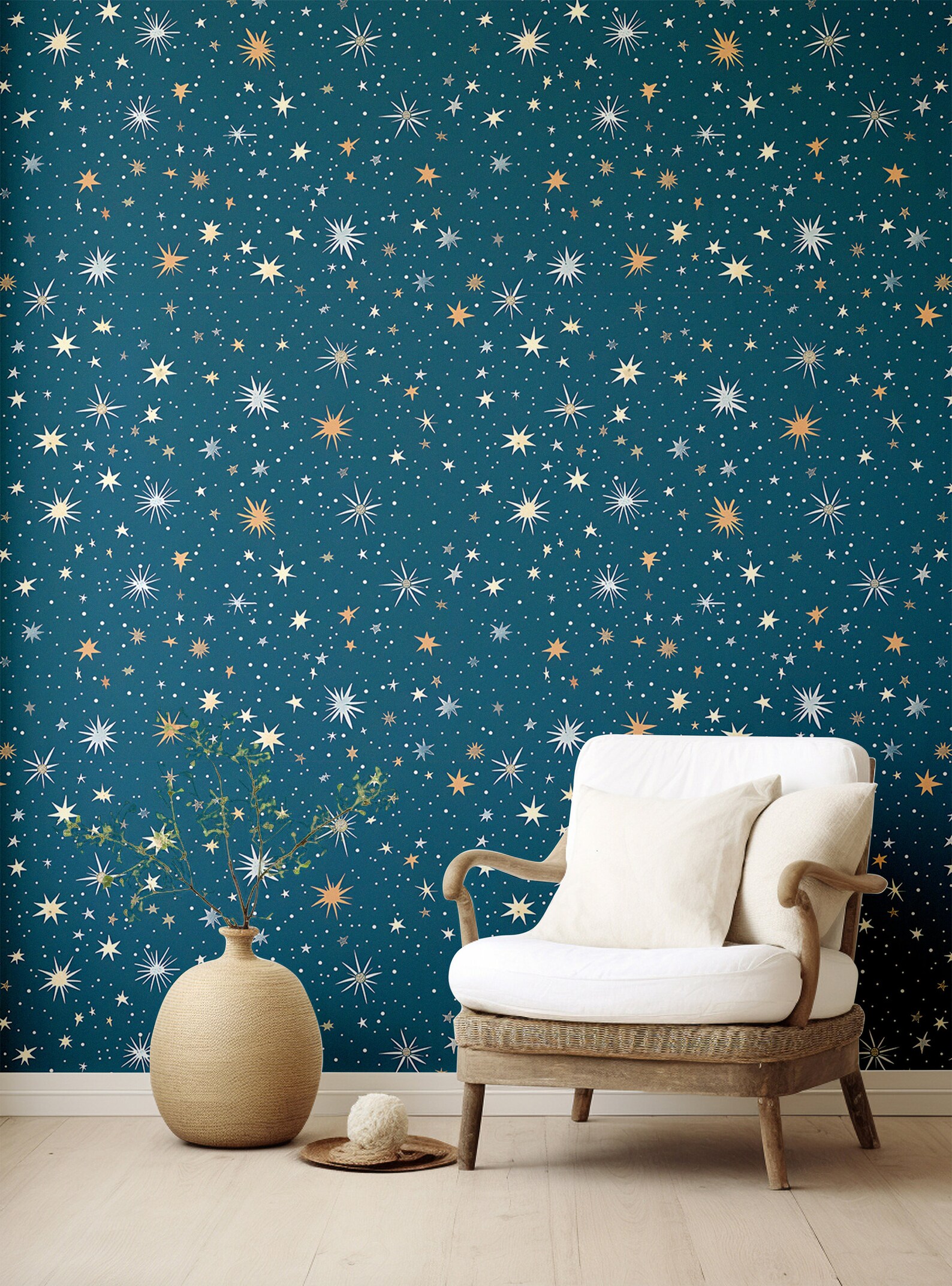 Starry Night Wallpaper, White and Golden Stars Wall Decor, Stars in the ...