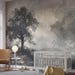 Grey Monochrome Tree Mural, Watercolor Dark Field Landscape Wallpaper ...