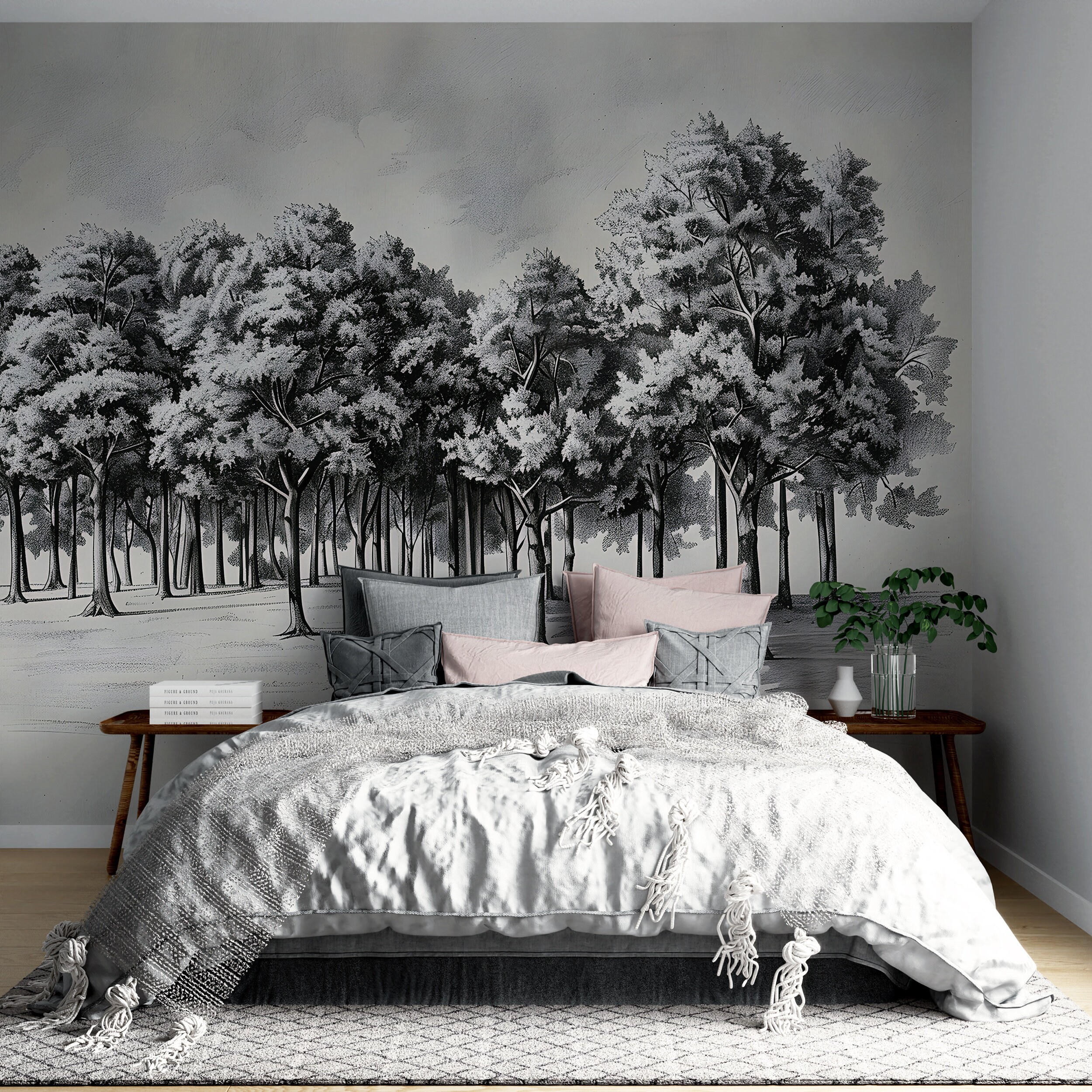 Black and White Trees Wall Mural, Pencil Drawing Tree Wallpaper, Peel ...