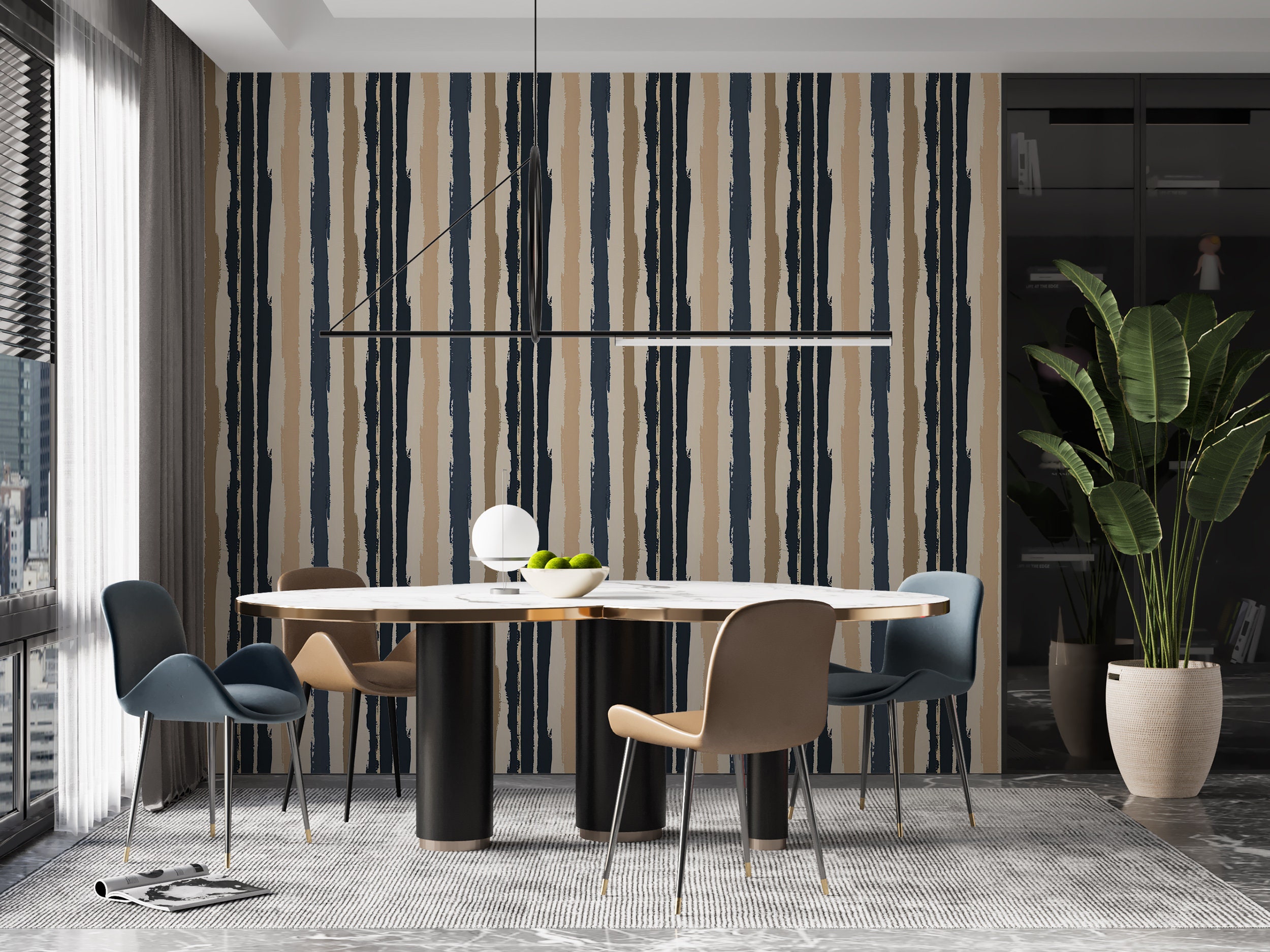 Beige and Blue Striped Wallpaper, Peel and Stick Ragged Stripes Wall ...