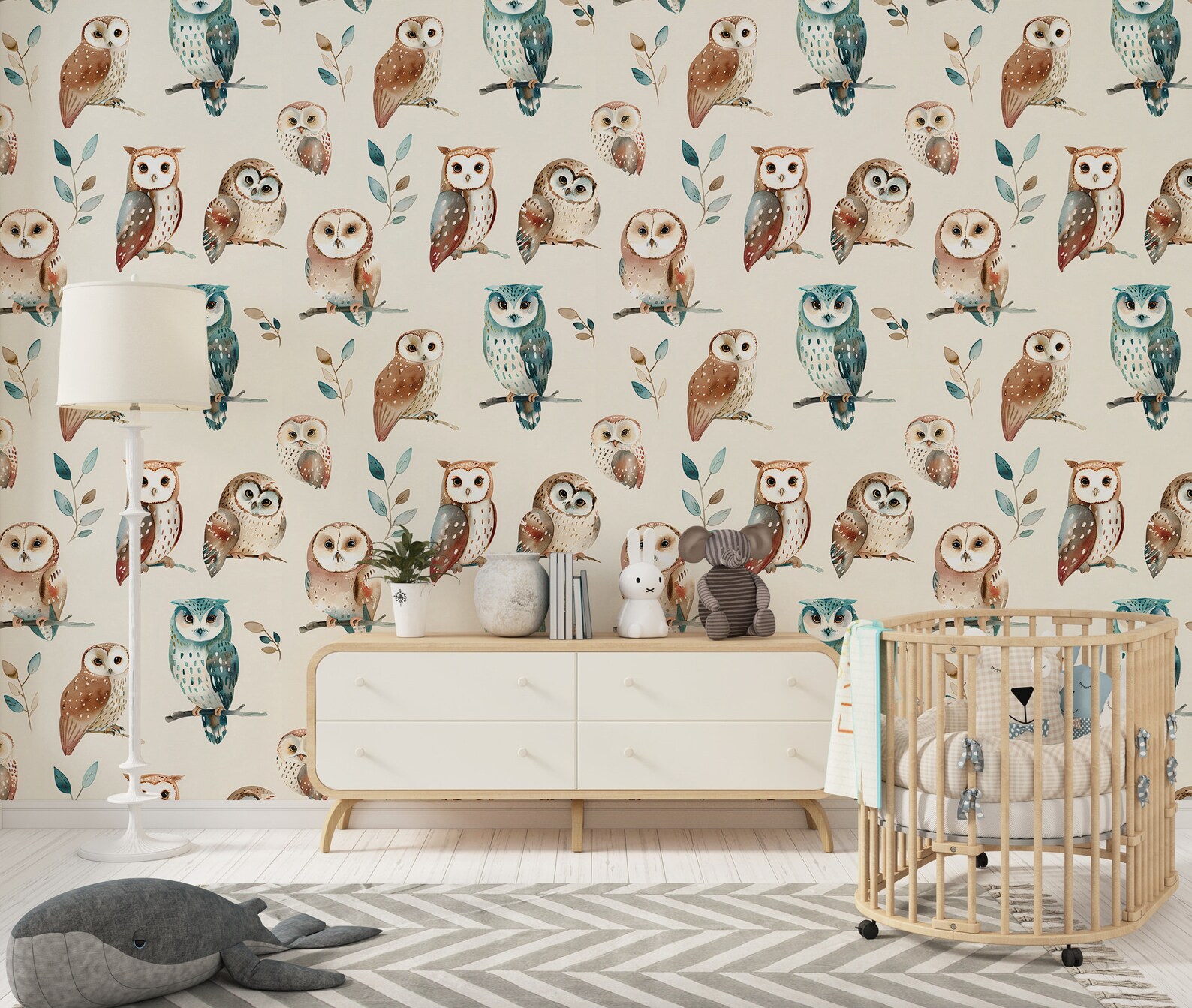 Watercolor Owls Mural, Nursery Owl Wallpaper, Peel and Stick Pastel ...