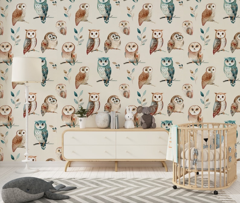 Watercolor Owls Mural, Nursery Owl Wallpaper, Peel and Stick Pastel ...