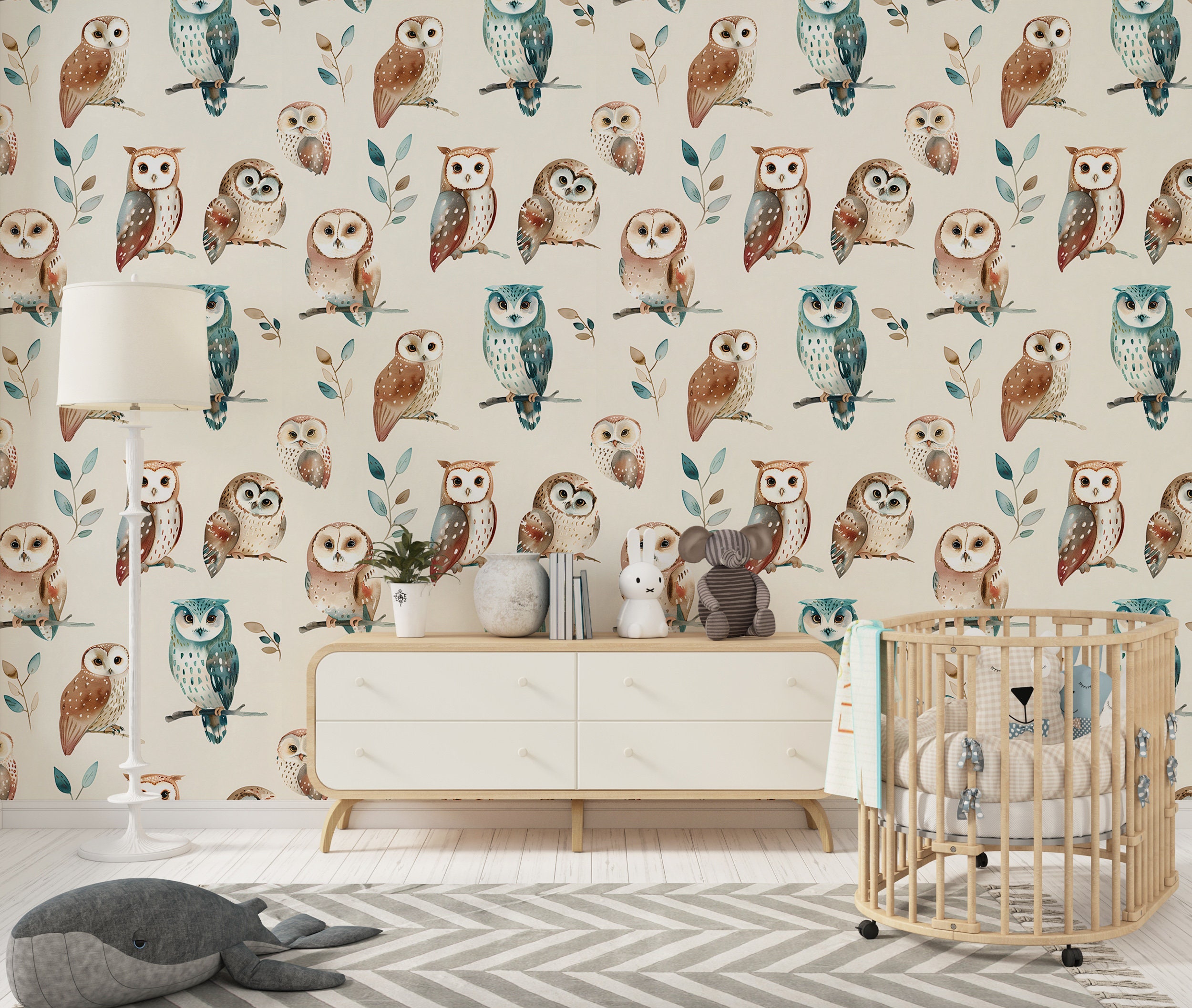 Watercolor Owls Mural, Nursery Owl Wallpaper, Peel and Stick Pastel ...