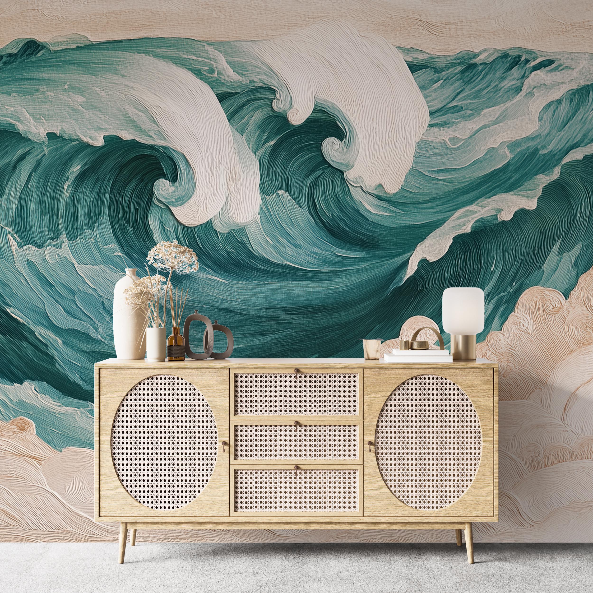 Ocean Waves Mural, Peel and Stick Wallpaper, Turquoise Oil Painting ...