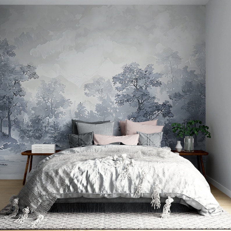 Watercolor Grey Forest Wallpaper, Monochrome Trees Mural, Peel and ...