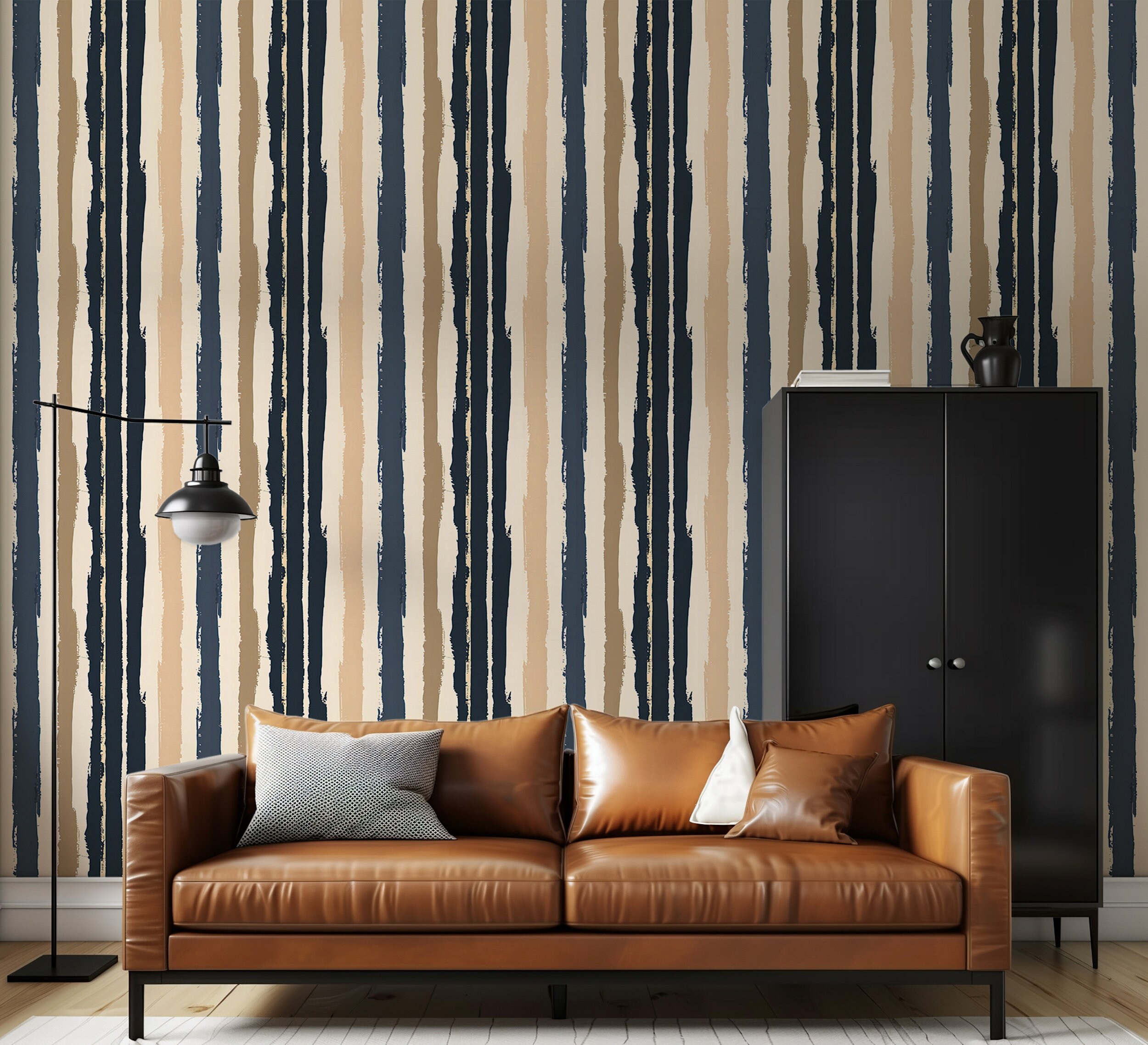Beige and Blue Striped Wallpaper, Peel and Stick Ragged Stripes Wall ...
