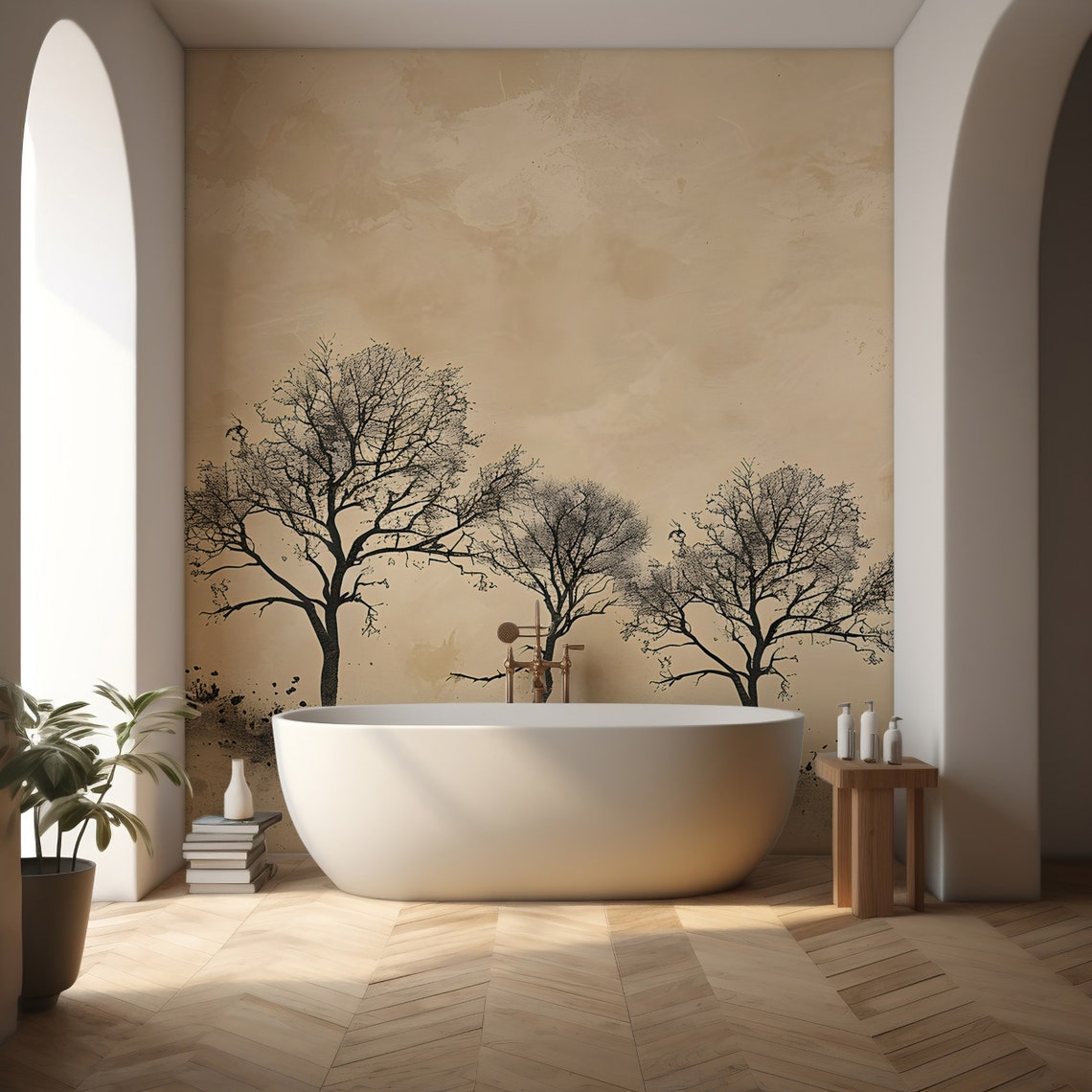 Trees on Beige Background Mural, Beige Decorative Plaster Wallpaper ...