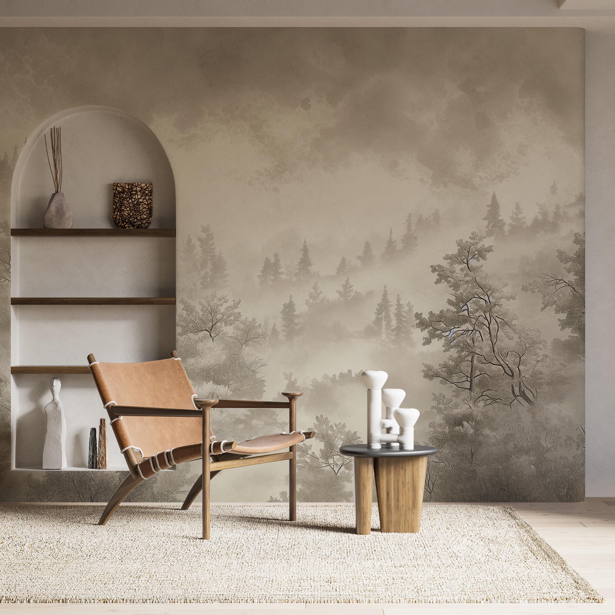 Beige Monochrome Forest Mural, Minimalist Pine Forest Art, Peel and ...