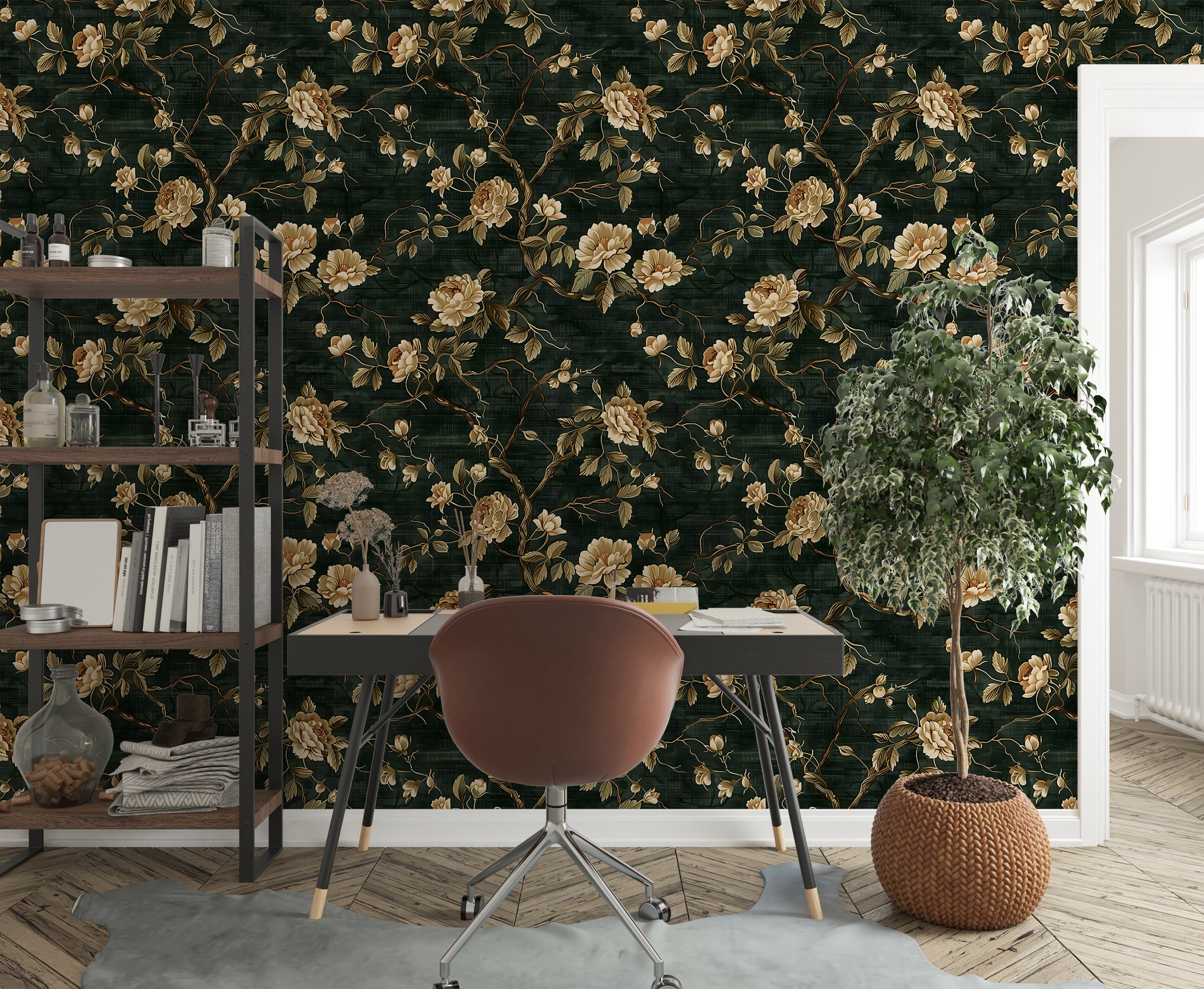 Dark Green Vintage Botanical Wallpaper, Peel and Stick Floral Wallpaper ...