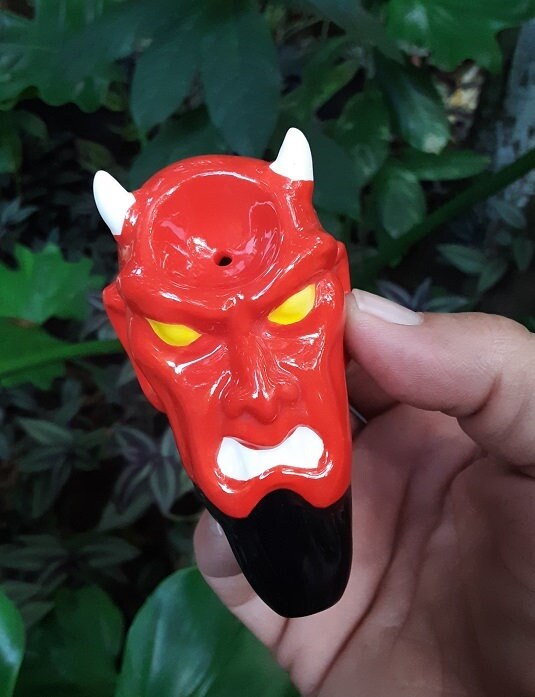Ceramic Devil Smoking Pipe, Red Demon Horned Hand Pipe, Hand Painted ...