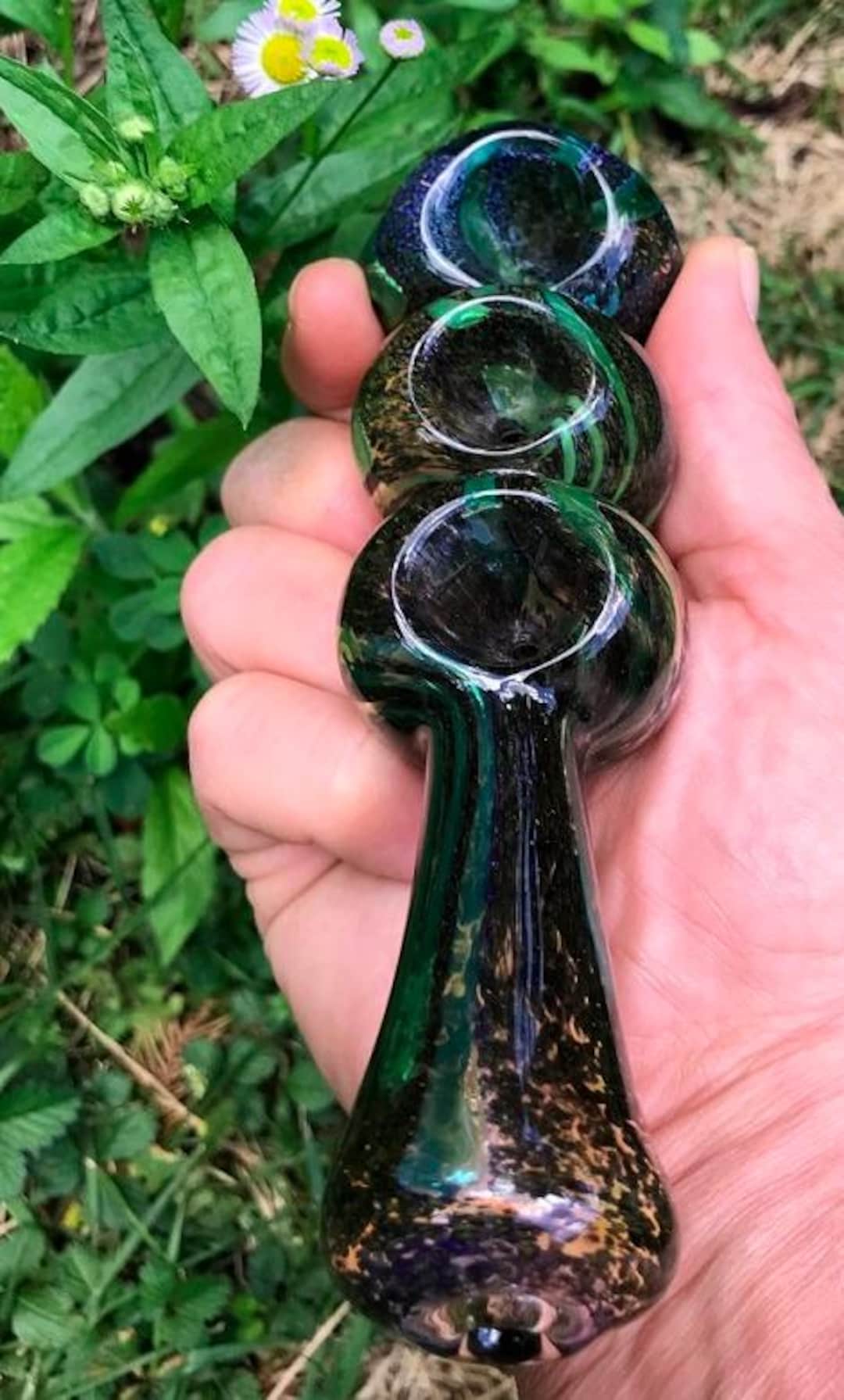 Triple Bowl Glass Hand Pipe 6" Fritted Fumed & Worked Glass Pipe, Heavy ...