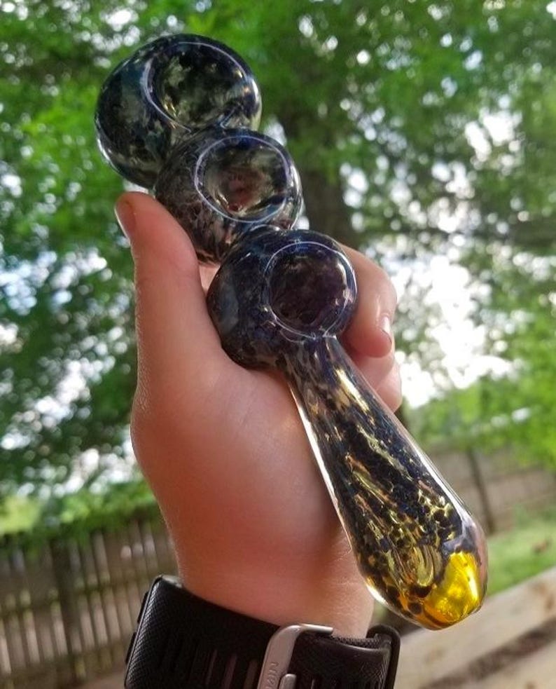 Triple Bowl Glass Hand Pipe, Fritted Fumed & Worked, Heavy Thick Glass ...