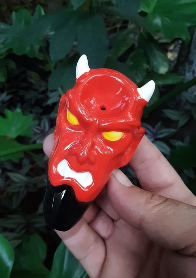 Ceramic Devil Smoking Pipe, Red Demon Horned Hand Pipe, Hand Painted ...