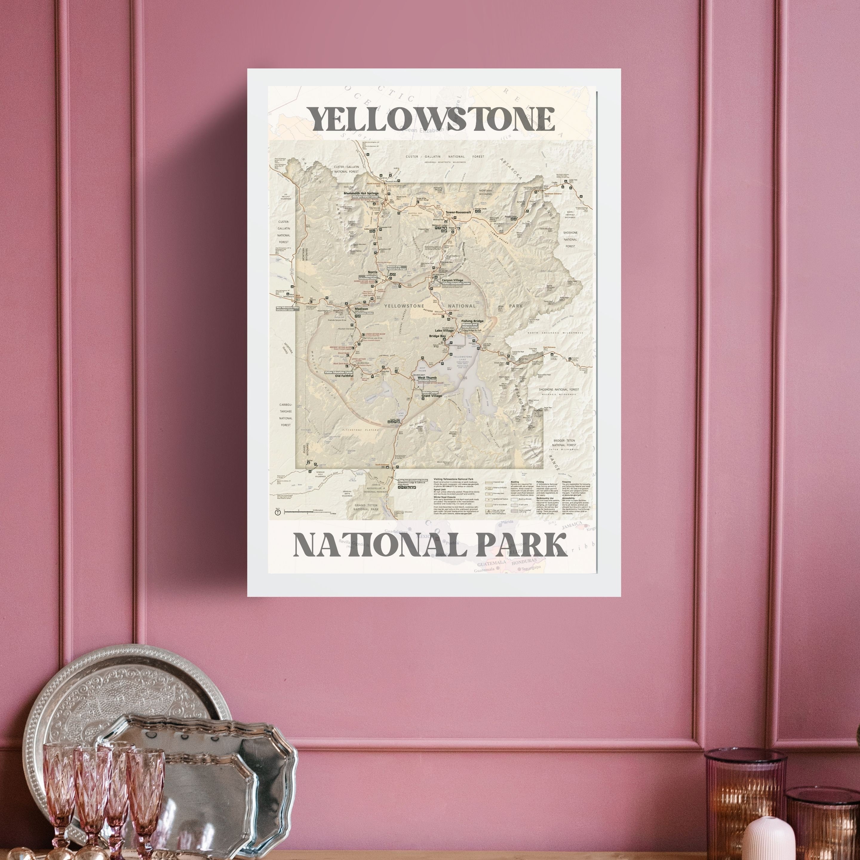 Vintage Yellowstone National Park Map Poster - Retro Style Wall Art ...