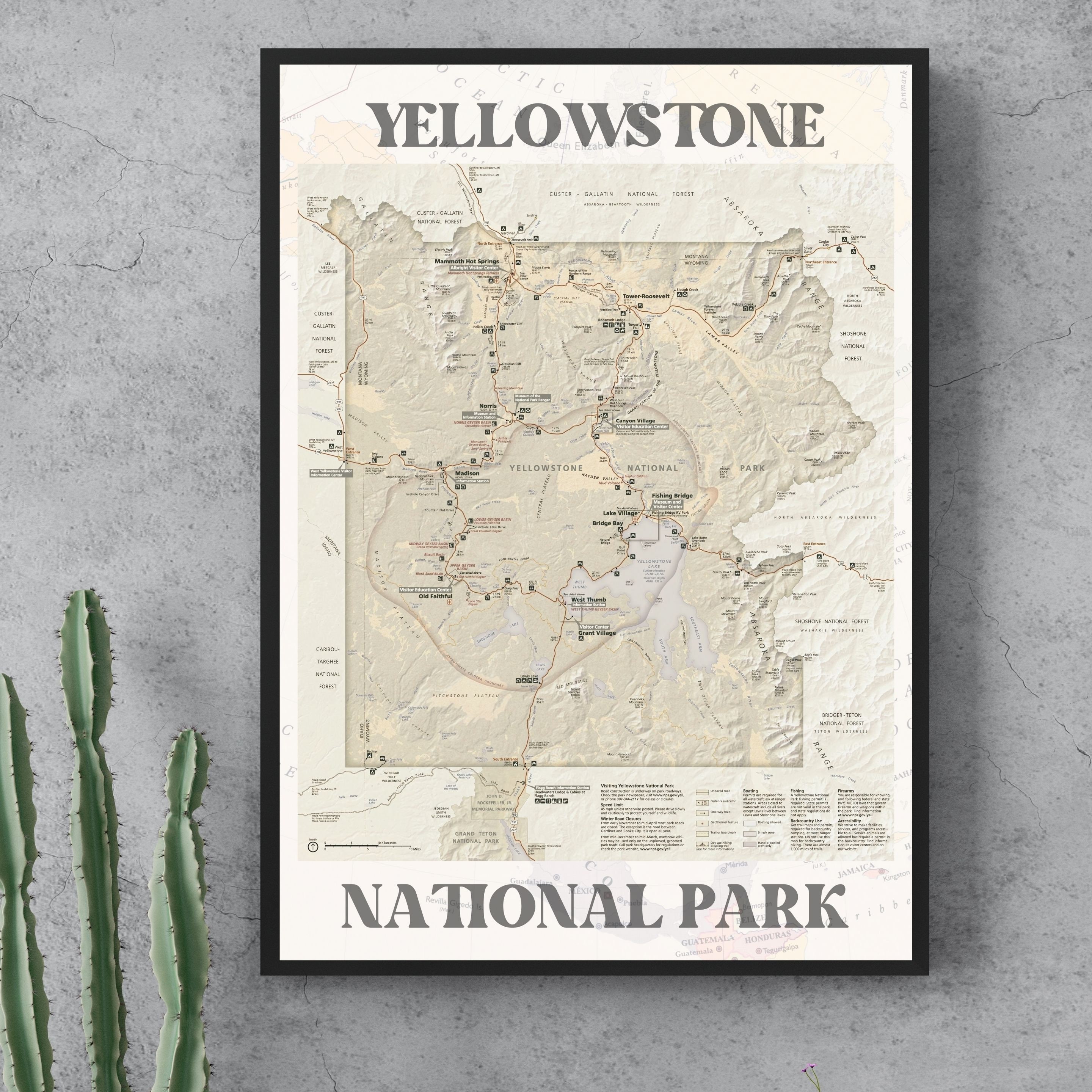 Vintage Yellowstone National Park Map Poster - Retro Style Wall Art ...