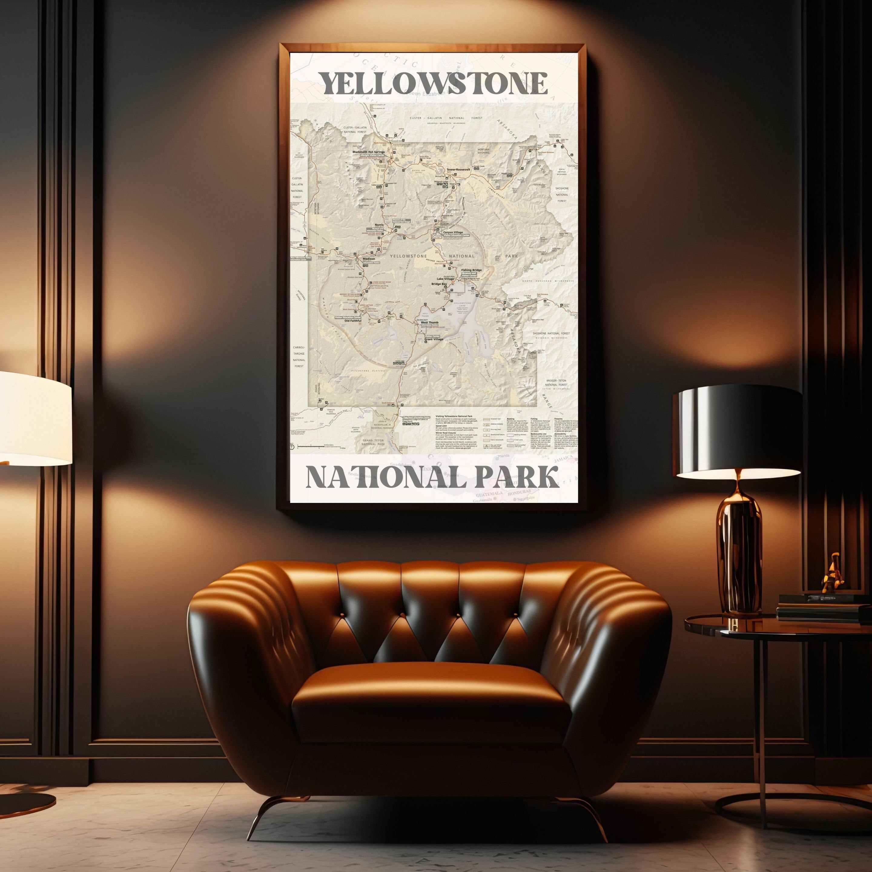 Vintage Yellowstone National Park Map Poster - Retro Style Wall Art ...