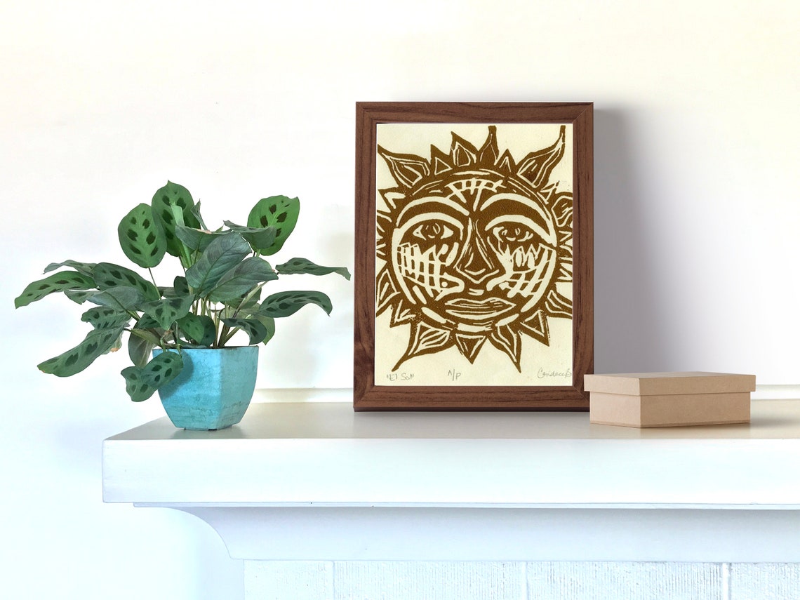 Golden Sun Lino Print Wall Art Hygge Decor - Etsy