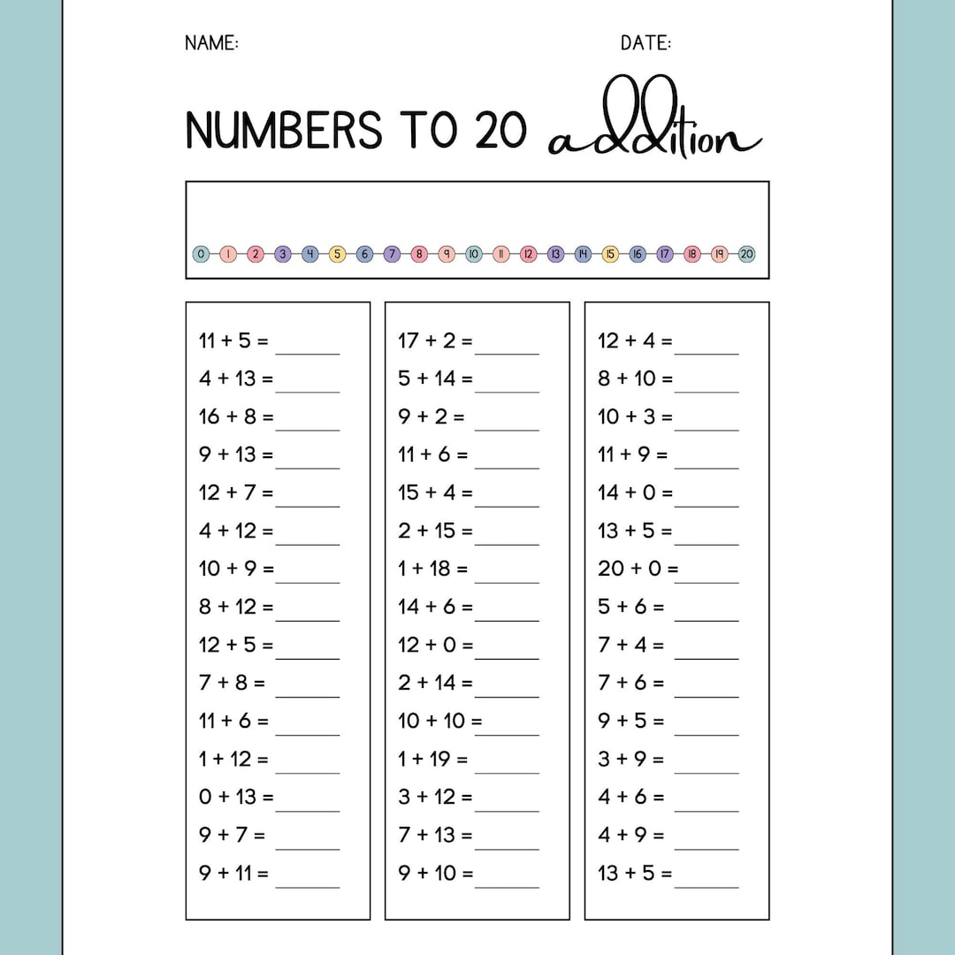 Basic Addition to 20 Number Line Worksheet, Addition Facts Printable ...