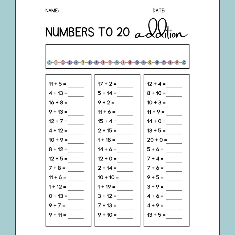 Basic Addition to 20 Number Line Worksheet, Addition Facts Printable ...