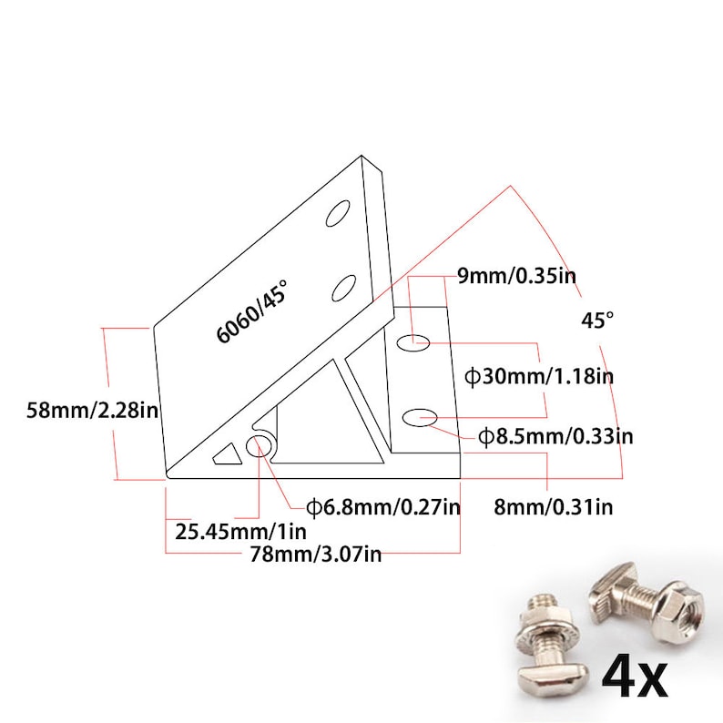 45 Degree Aluminum Angle Bracket Set 20mm Width Fits 2020 Series ...