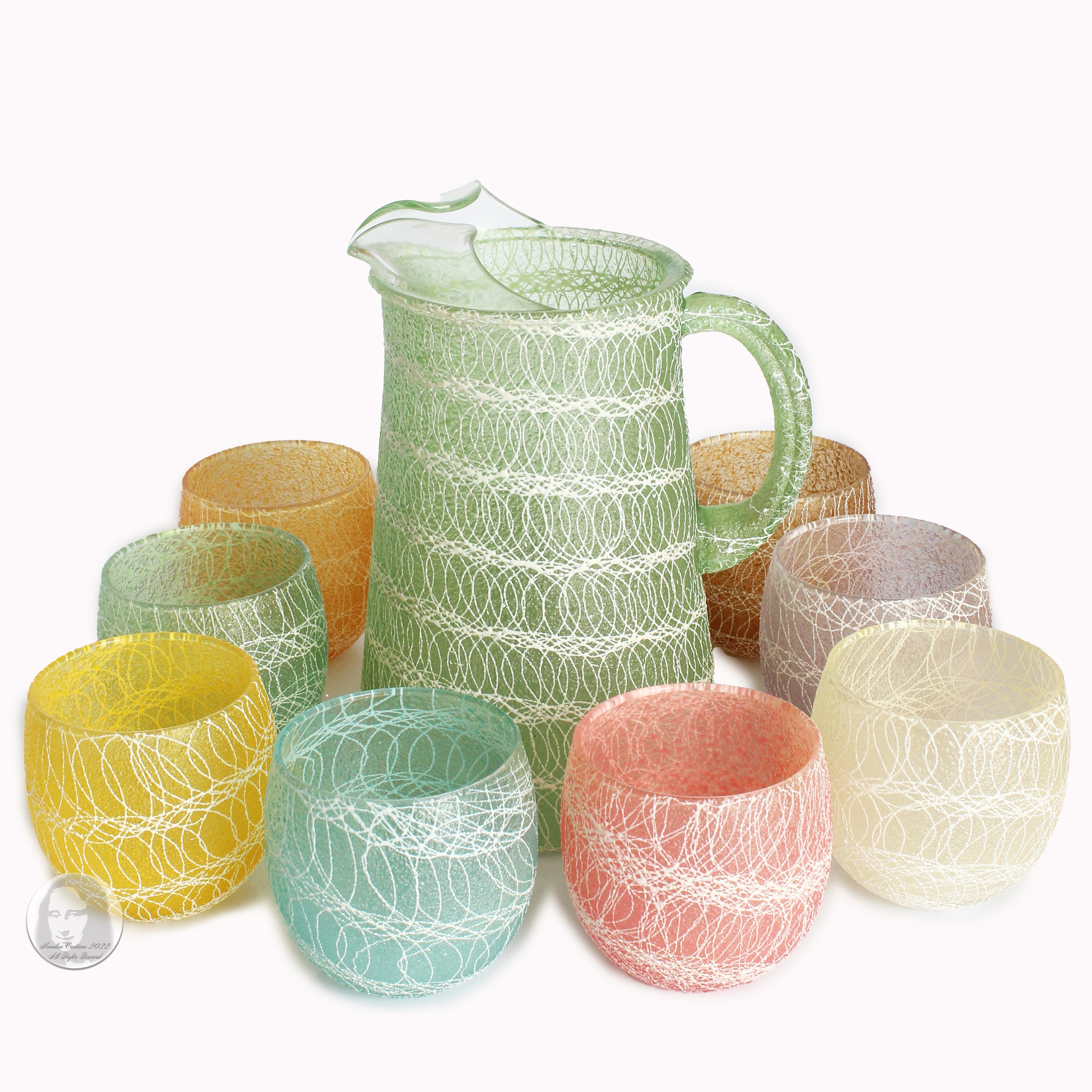 Vintage Spaghetti String Barware Set 10pc Pitcher + Roly Poly Cups ...