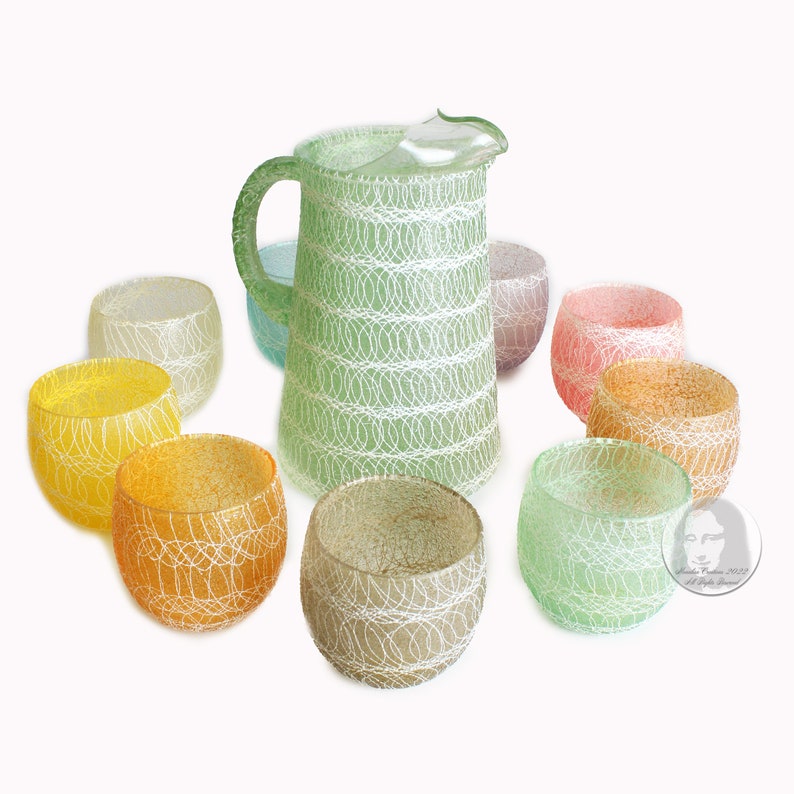 Vintage Spaghetti String Barware Set 10pc Pitcher + Roly Poly Cups ...