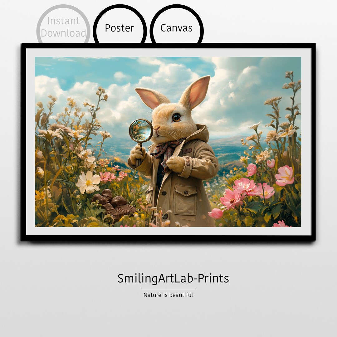 Cute Bunny Detective Painting as Poster or Canvas - Funny Easter Decor ...