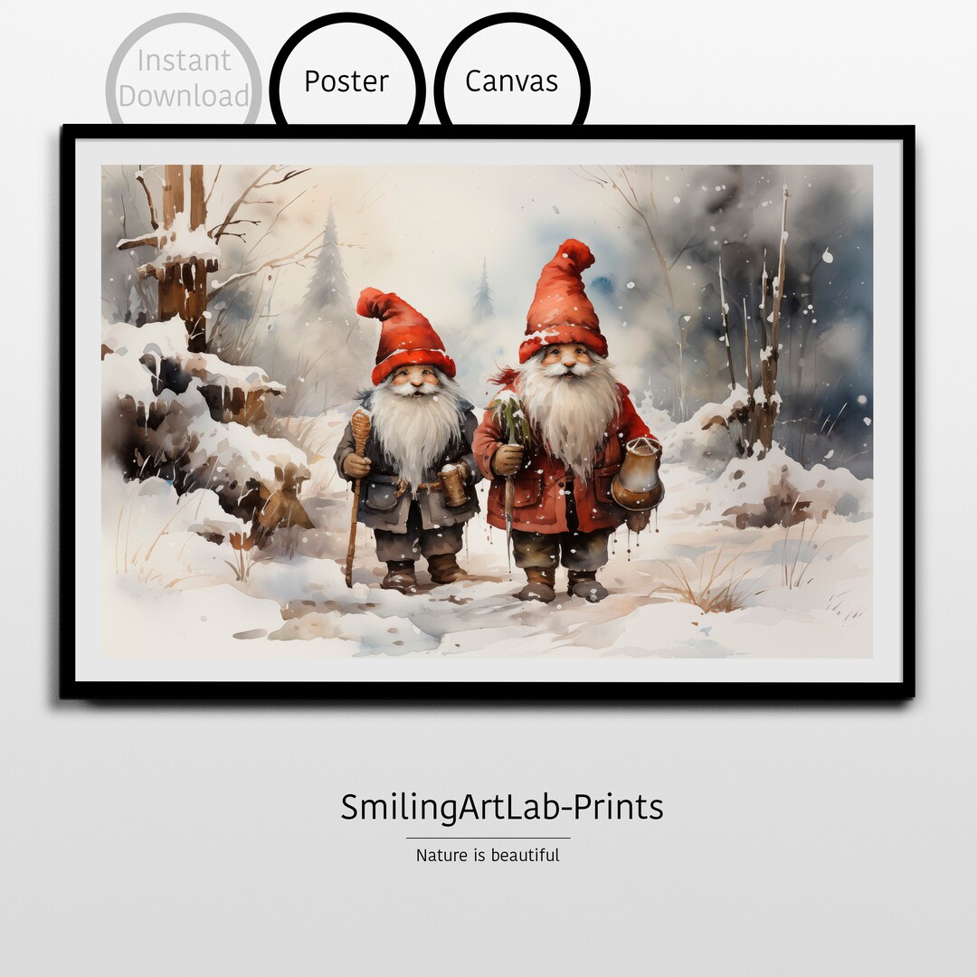 Christmas Gnomes Pair Painting as Poster or Canvas - X-mas Decor ...