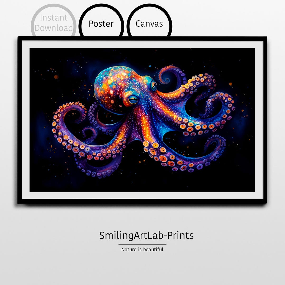 Neon Octopus Painting on Black: Poster or Canvas - Magical Octopus ...