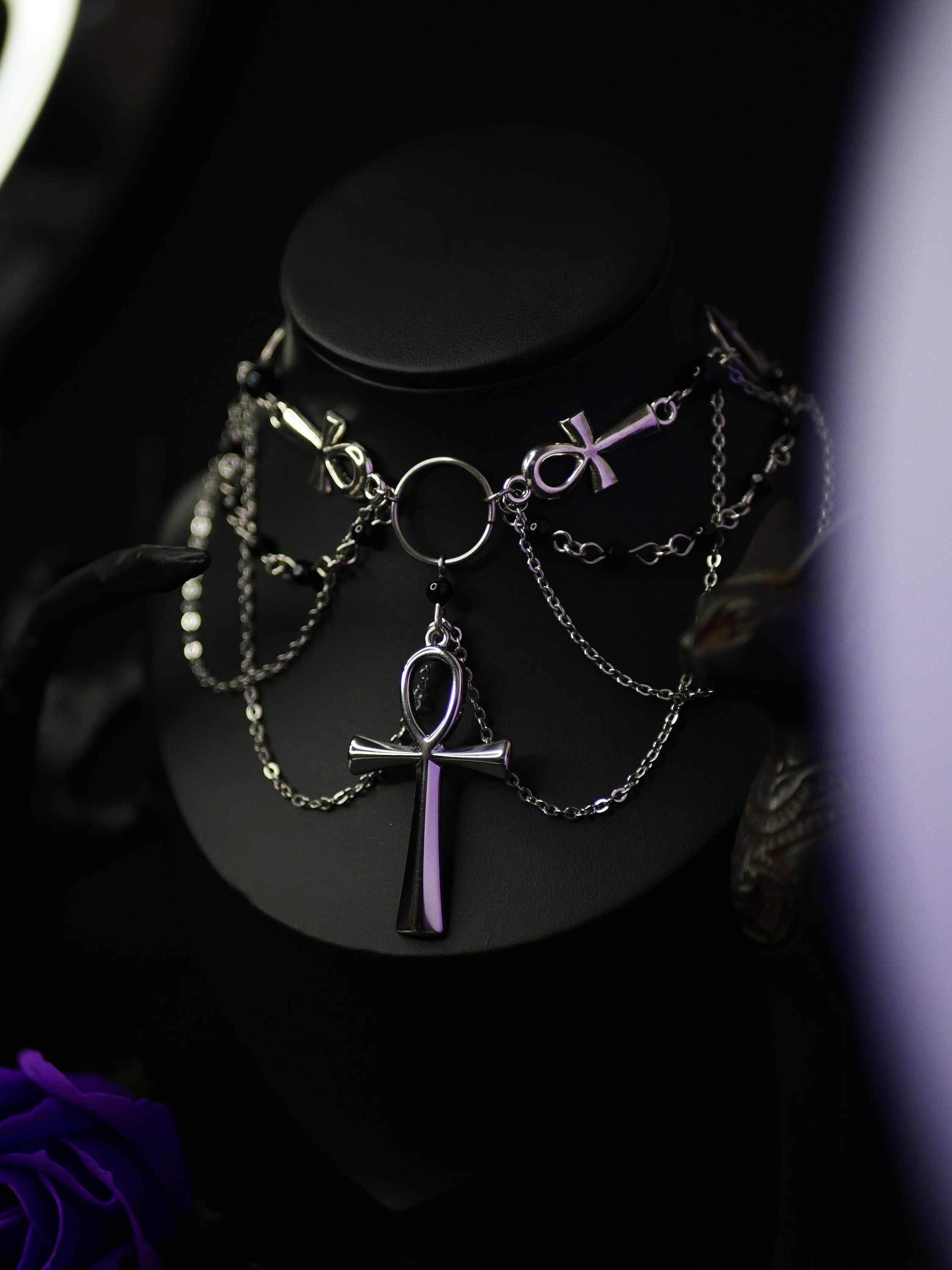 Anubis Necklace Ankh Cross, Black Beads, Stainless Steel Chain - Etsy