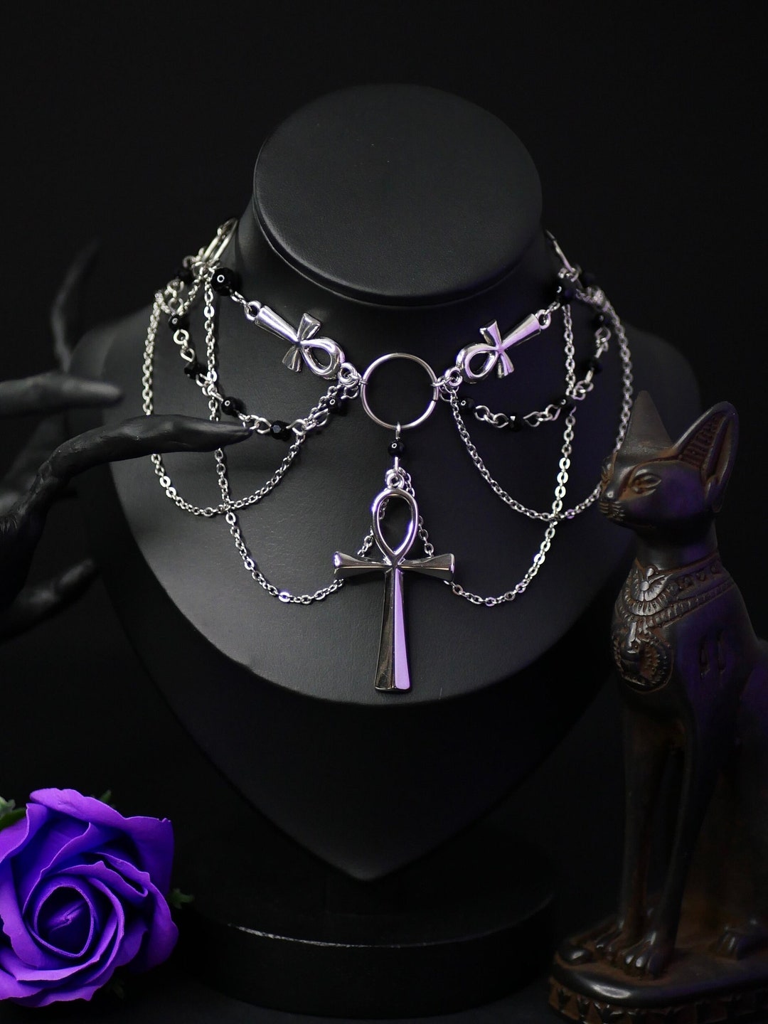 Anubis Necklace Ankh Cross, Black Beads, Stainless Steel Chain - Etsy