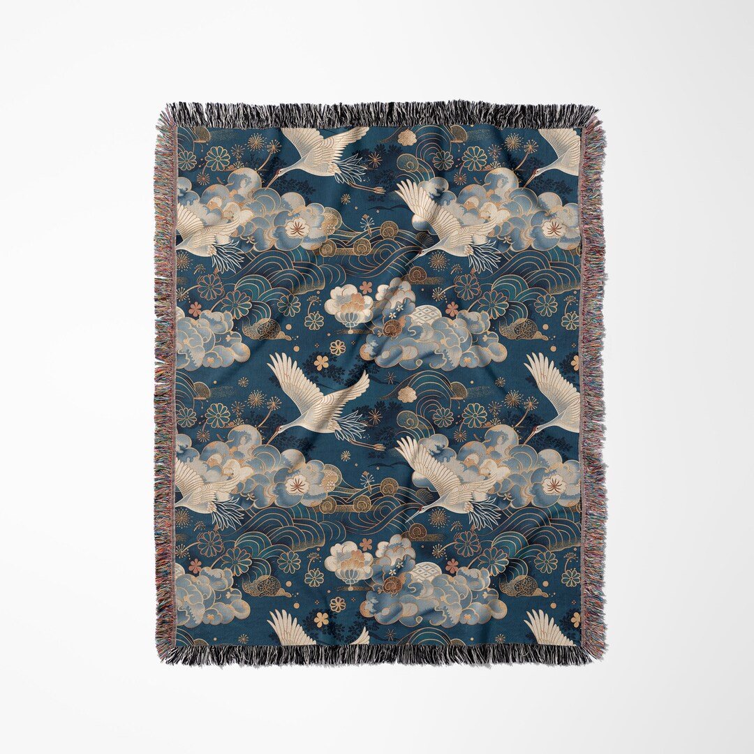Japanese Cranes 100% Cotton Woven Throw Blanket: Cozy & Soft, Natural ...