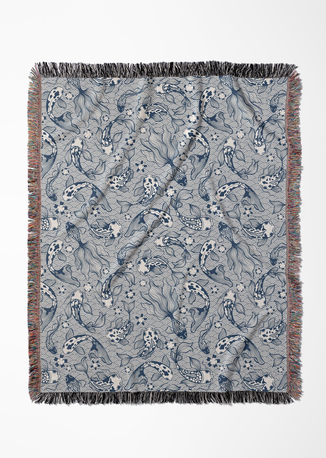 Blue Koi Fish Japanese Art Throw Blanket Cotton Woven Decorative Throw ...