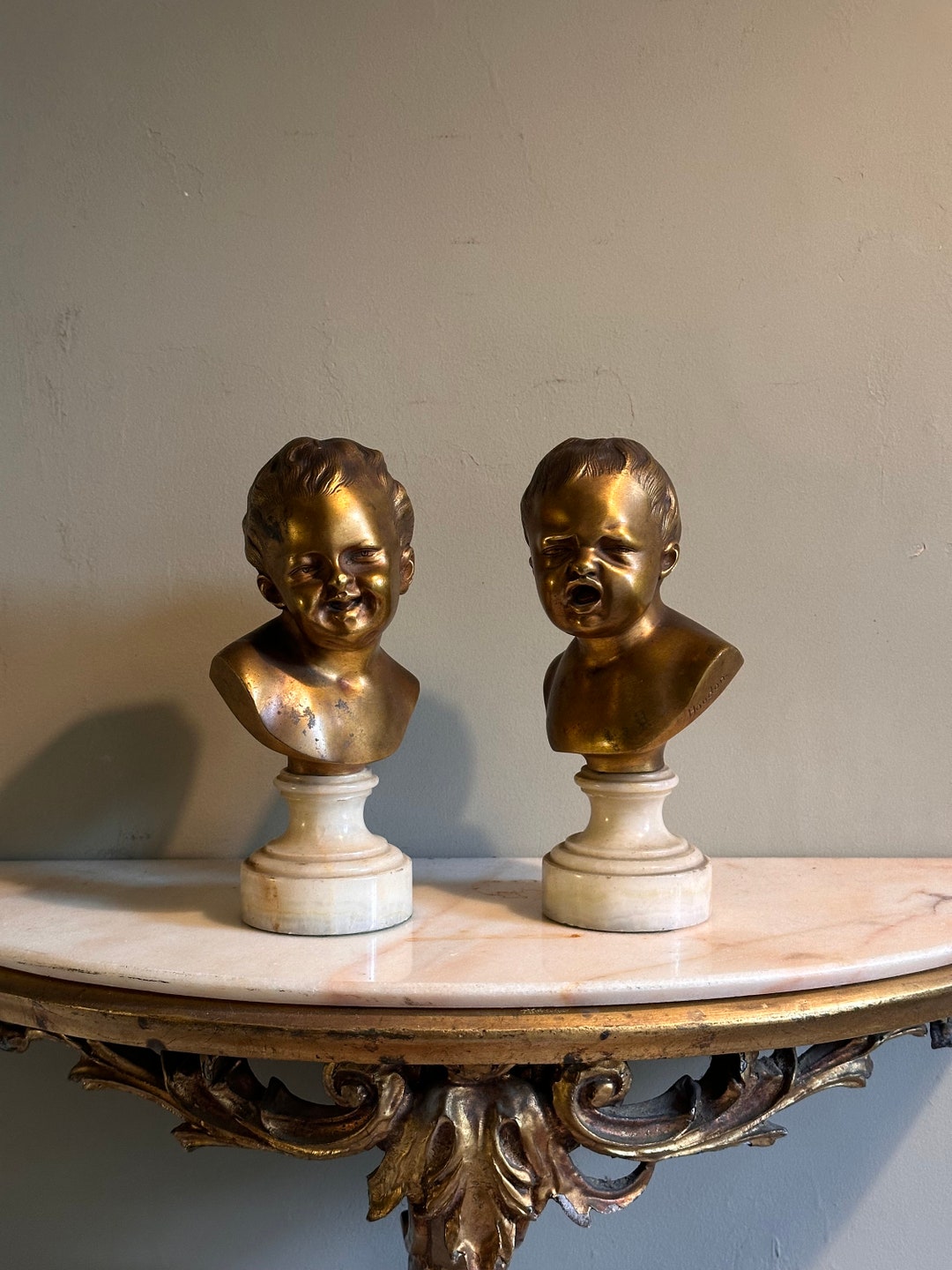 After Jean Antone Houdon, Laughing and Crying Children. Gilt Bronze ...