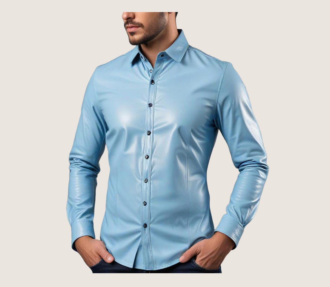 Slim Fit Leather Shirt: Light Blue Stylish Handmade Button-up - Etsy