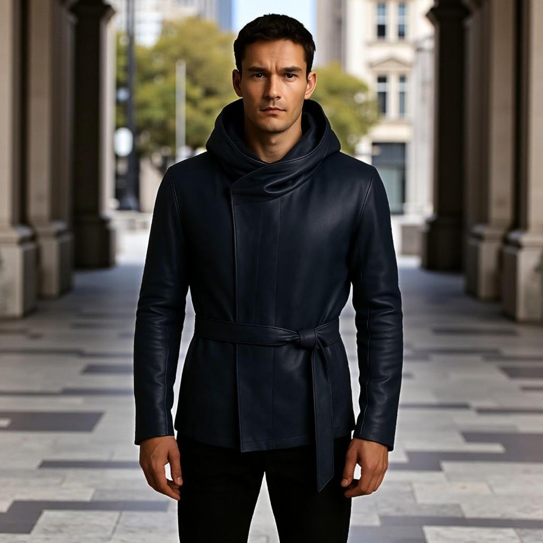 Handmade Navy Leather Hooded Jacket: Men's Urban Style Coat - Etsy