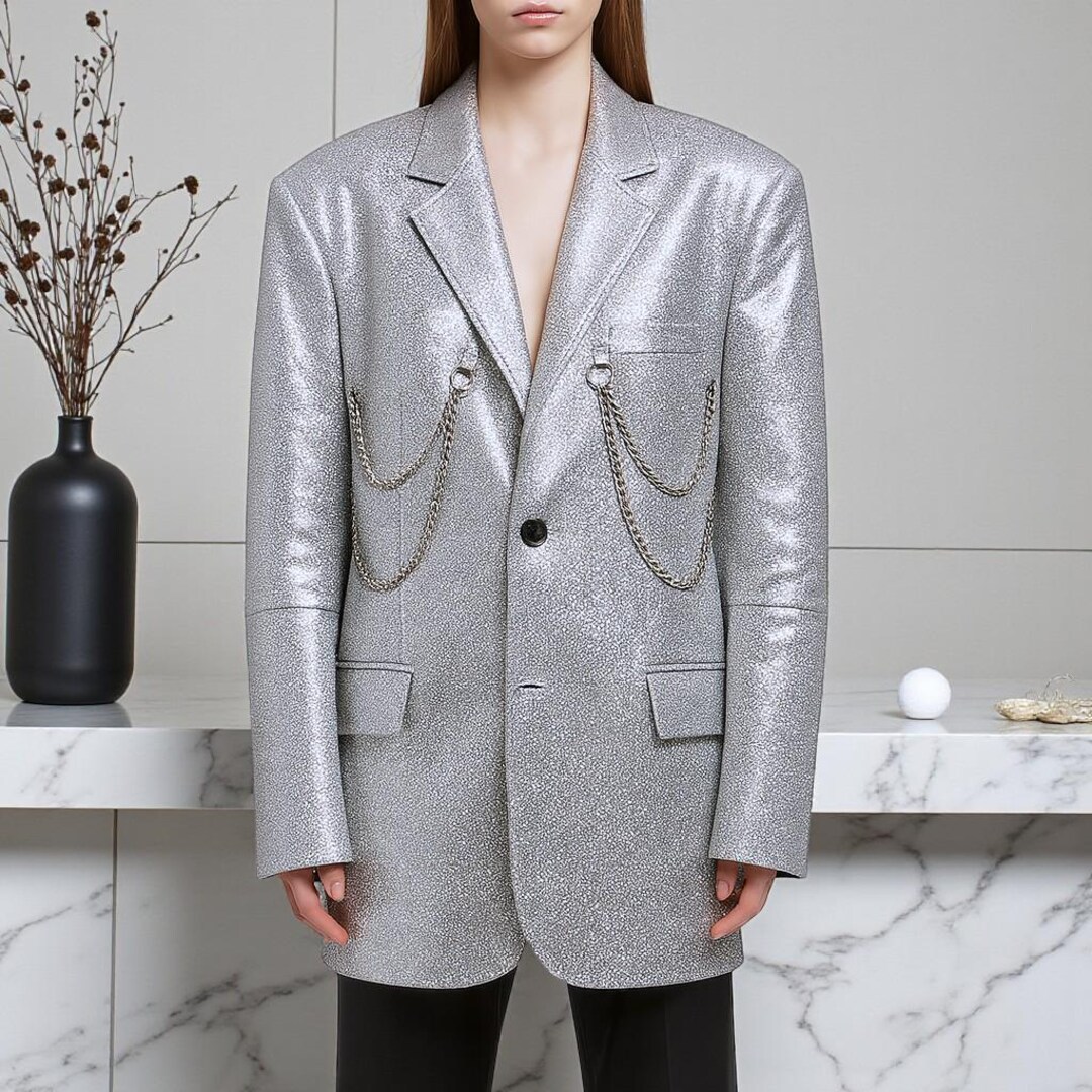Silver Leather Blazer With Chains | Genuine Leather Shiny Jacket ...