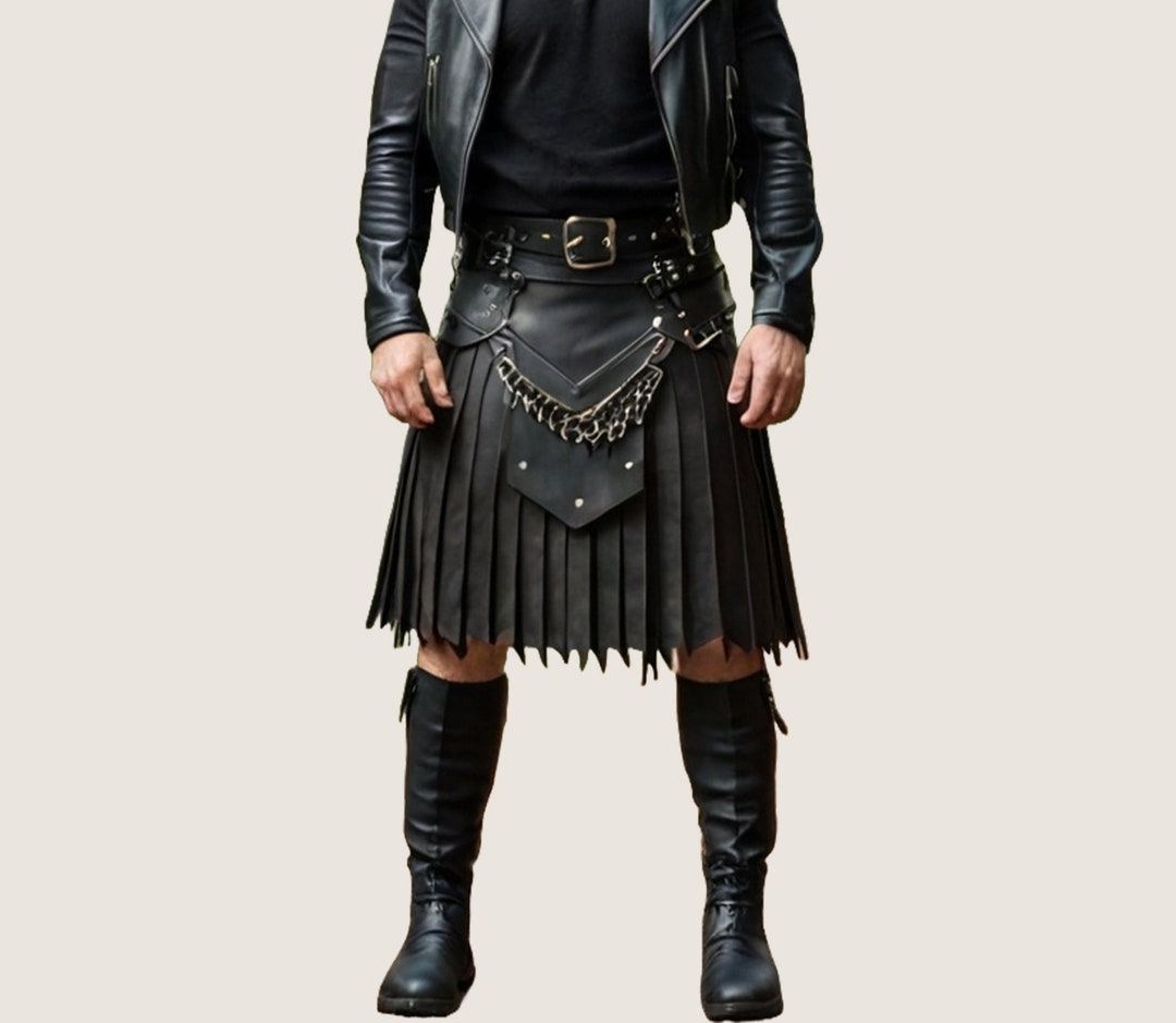 Real Leather Black Kilt - Handmade Men Leather Kilt - Black Gladiator ...